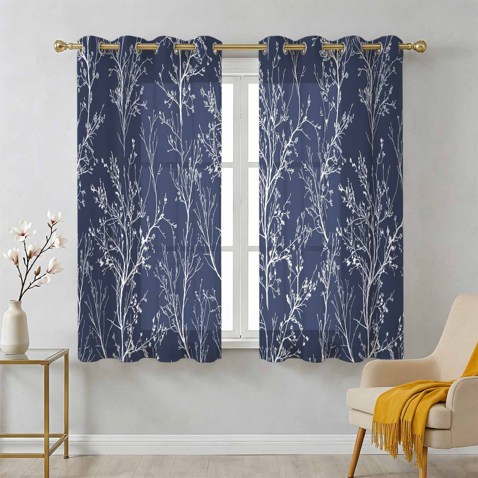Dark Blue Sheer Curtains 39 Inch Long 2 Panels, White Tree Branch ...