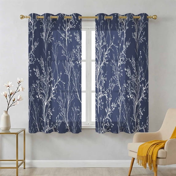 Dark Blue Sheer Curtains 39 Inch Long 2 Panels, White Tree Branch ...