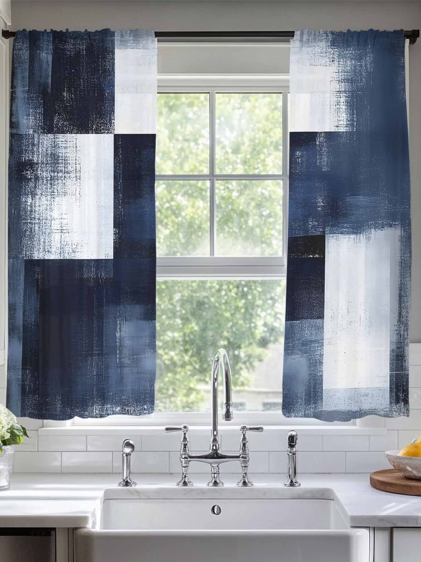 Dark Blue Sheer Curtains 63 Inches Long 2 Panels Geometric Abstract ...
