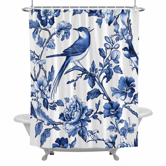 Dark Blue Shower Curtain for Bathroom, Bird Flowers Leaf Botanical ...