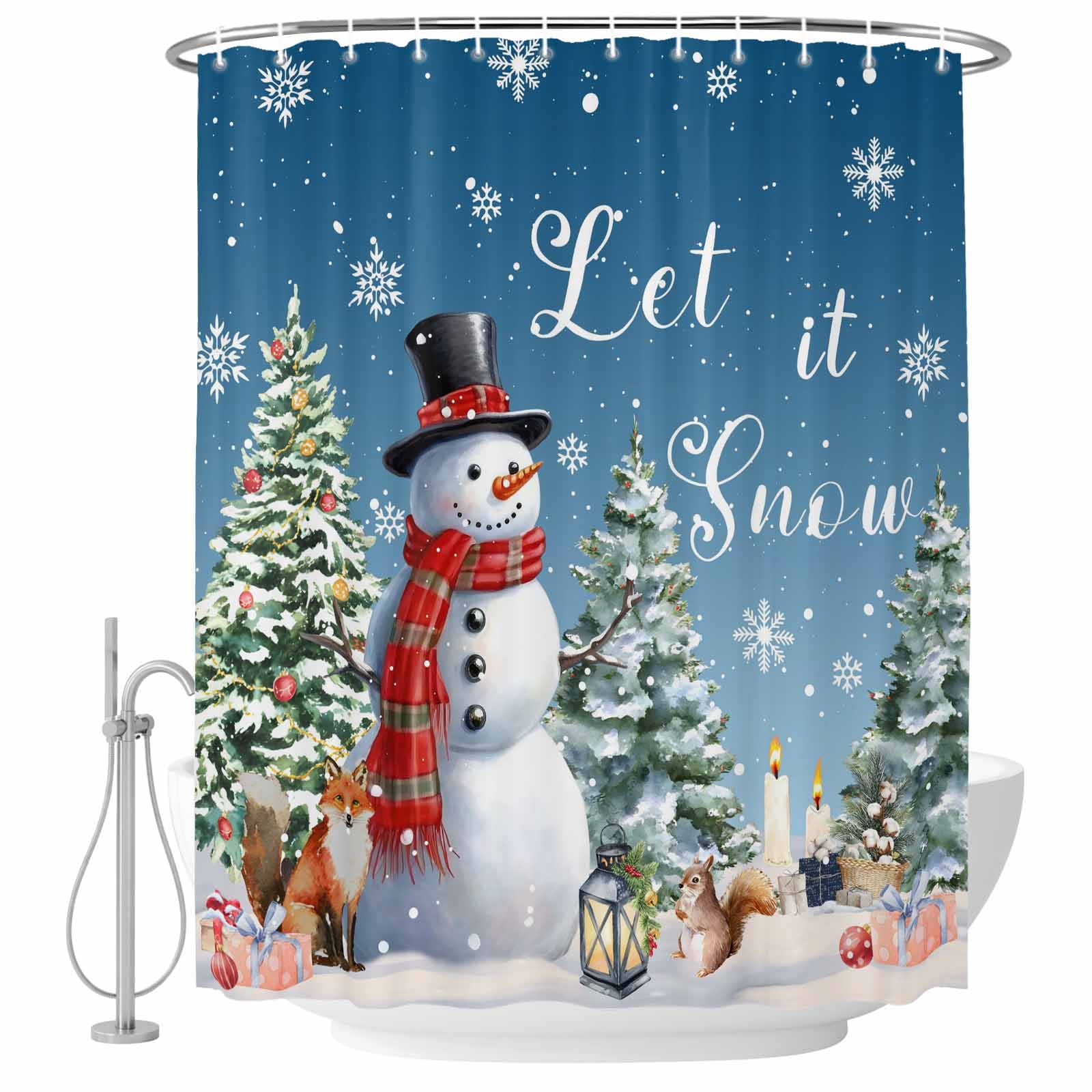 Dark Blue Snowman Christmas Shower Curtain Set - Extra Long 72" x 96" Washable Bathtub Curtain ...