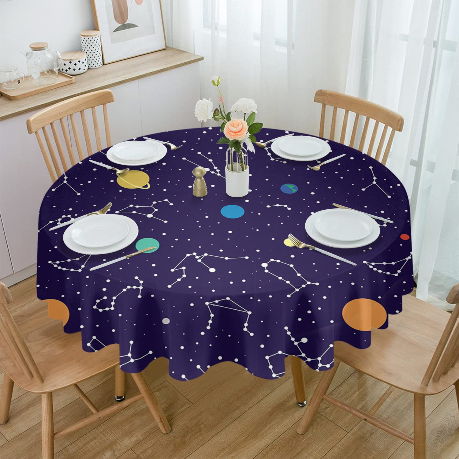 Dark Blue Starry Sky Dot Planet Earth Waterproof Tablecloth Table ...