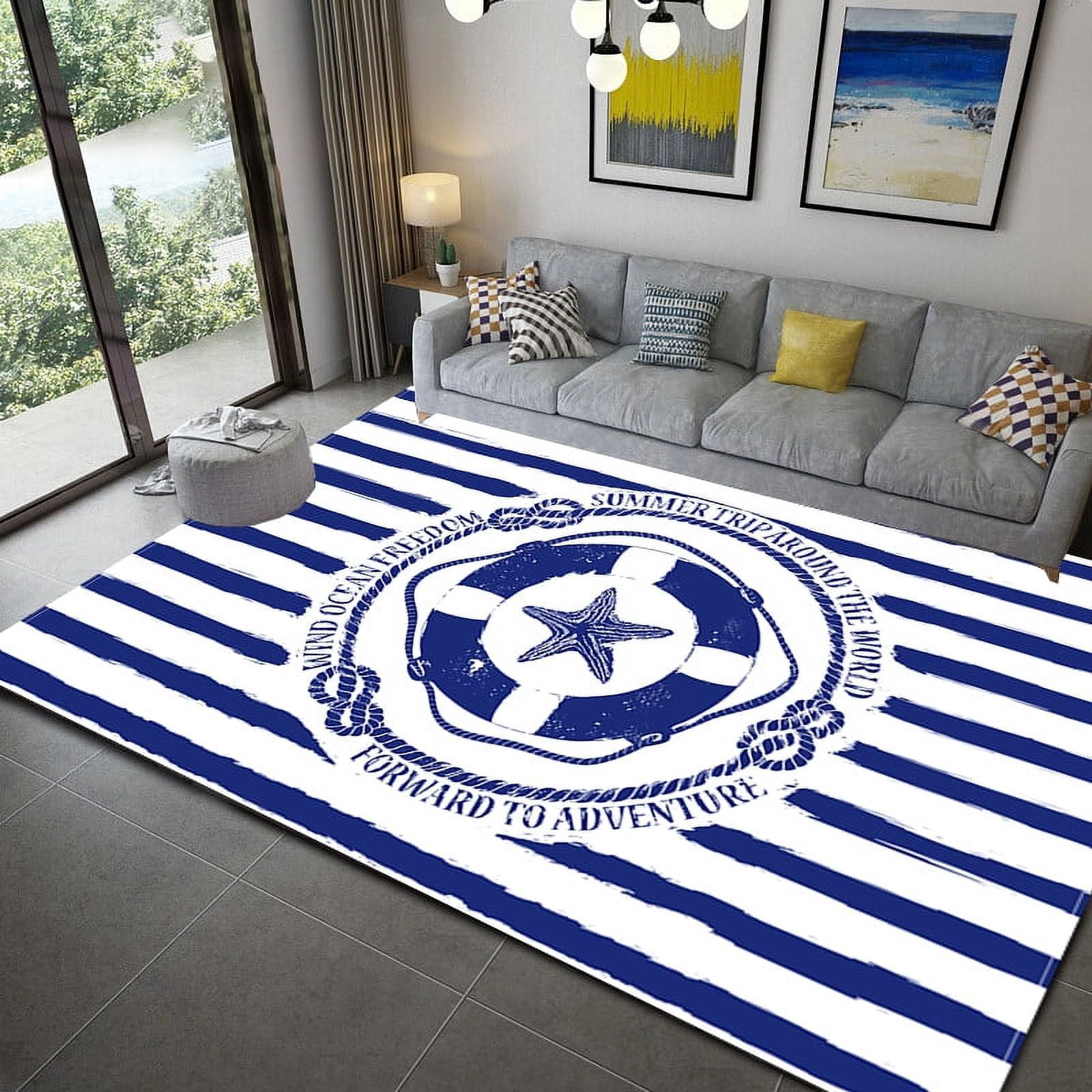Dark Blue Stripe Ocean Lighthouse Area Rug Anchor Boat r Carpet Floor ...