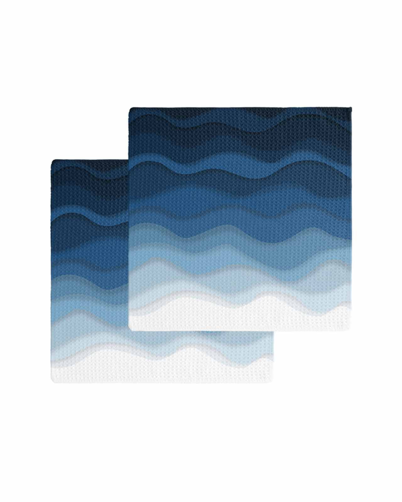 Dark Blue Stripes Kitchen Dish Towels for Drying Dishes Set of 2, Gradient Abstract Sea Waves ...