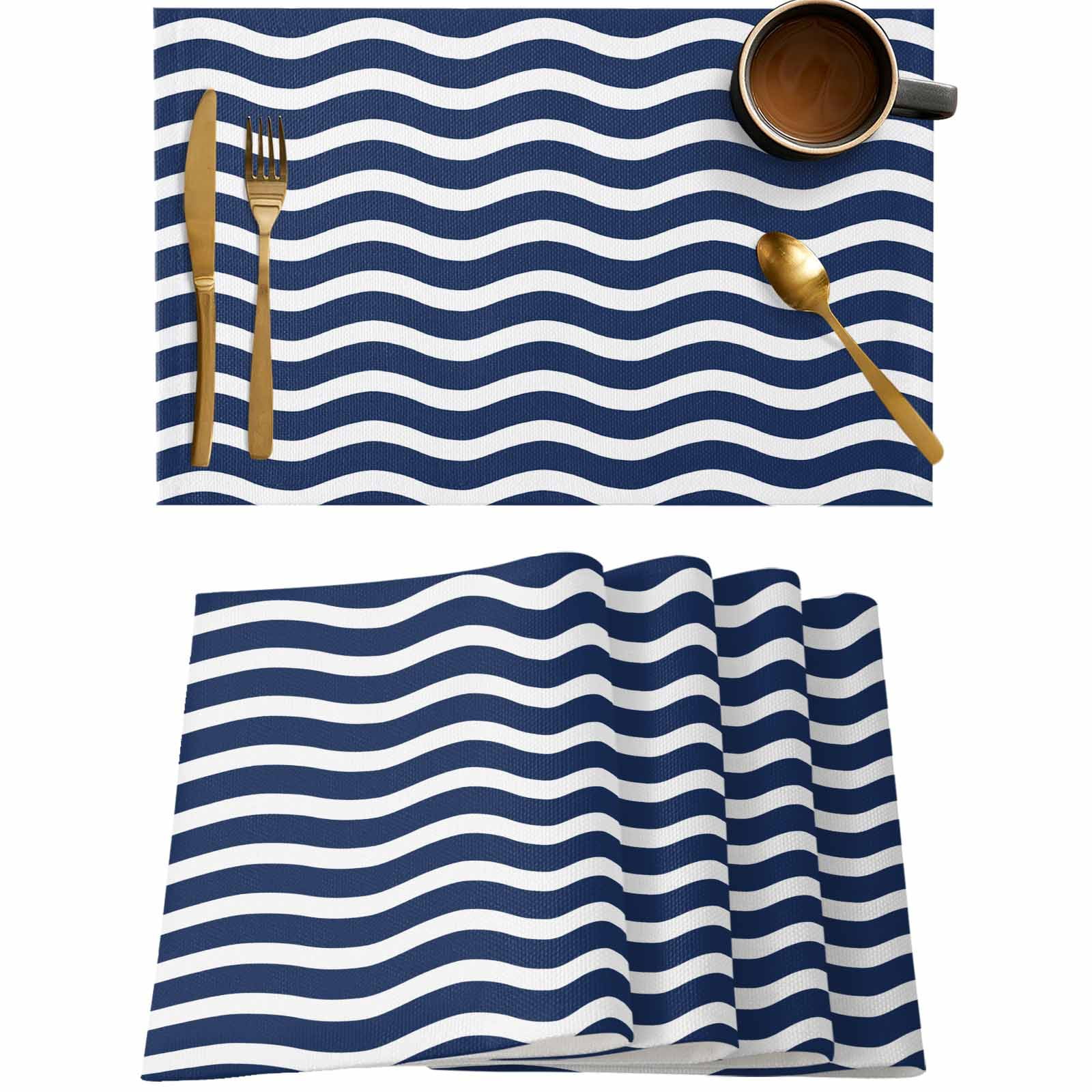 Dark Blue Stripes Water Ripple Placemats Set of 4,Wipeable Washable ...