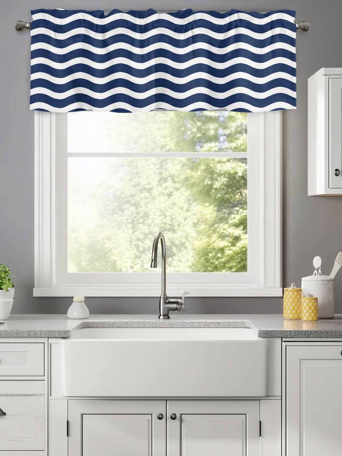Dark Blue Stripes Water Ripple Valances for Windows,Rod Pocket Valance ...