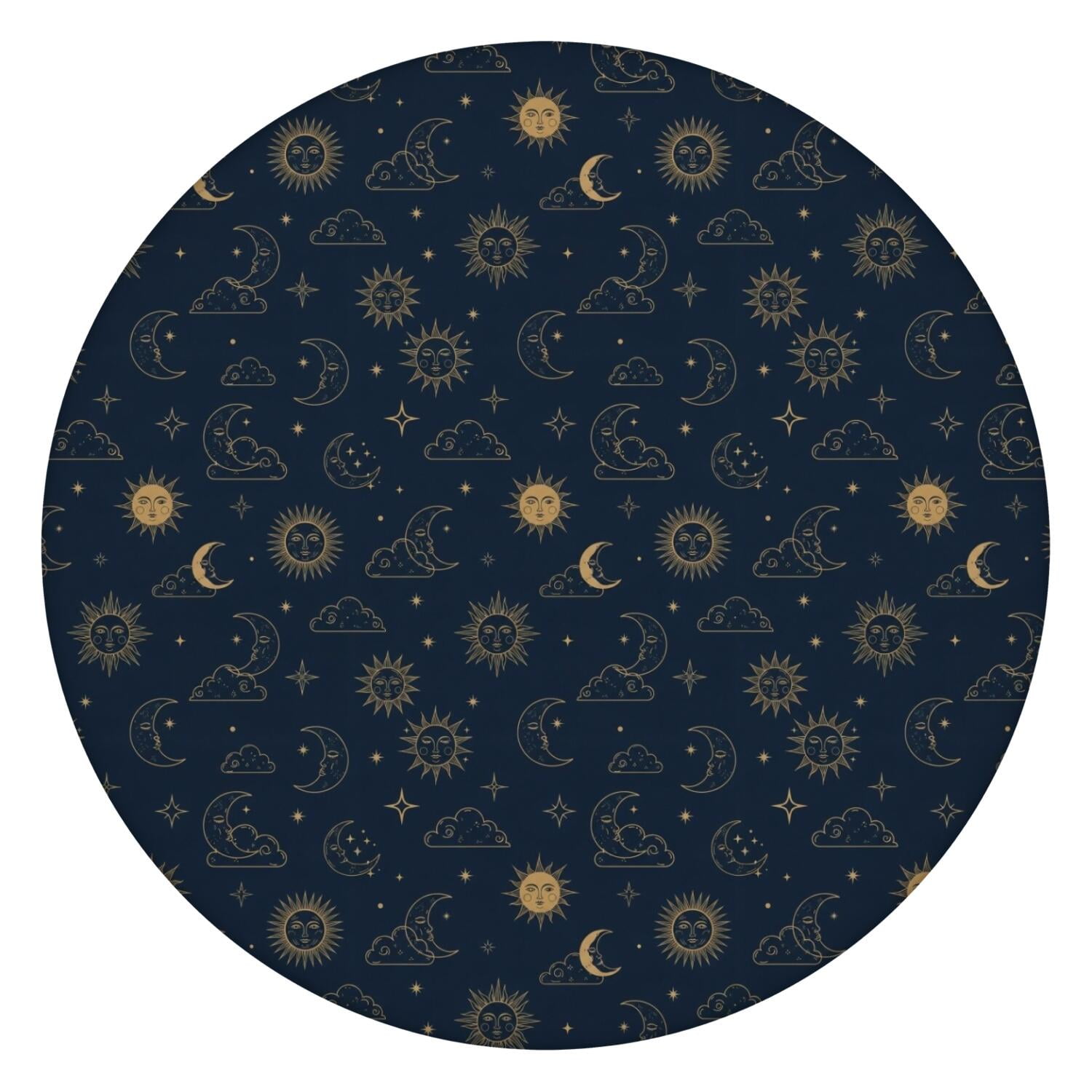 Dark Blue Sun Moon Cloud Star Pattern Round Fitted Tablecloth with ...
