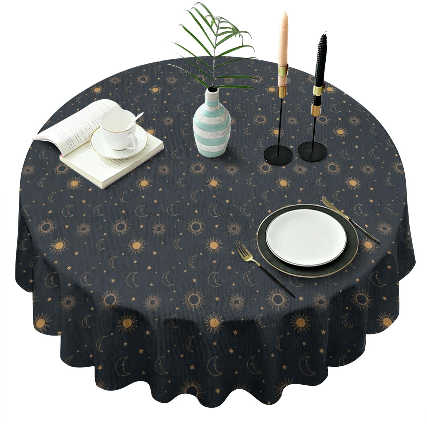 Dark Blue Sun Moon Pattern Round Tablecloth 60"x60",Wrinkle Wipeable ...