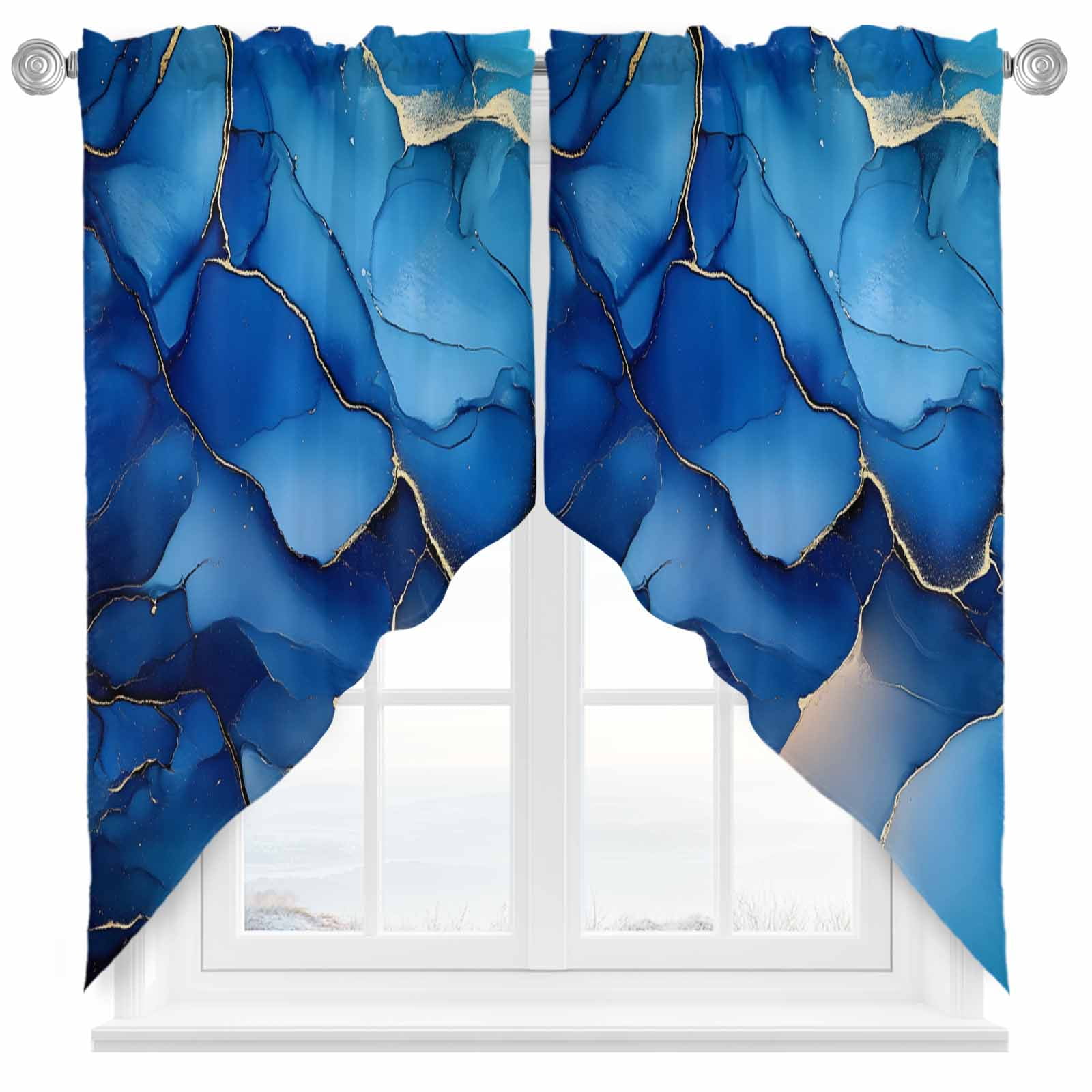 Dark Blue Swag Curtain Valance for Windows, Marble Abstract Art Rock ...