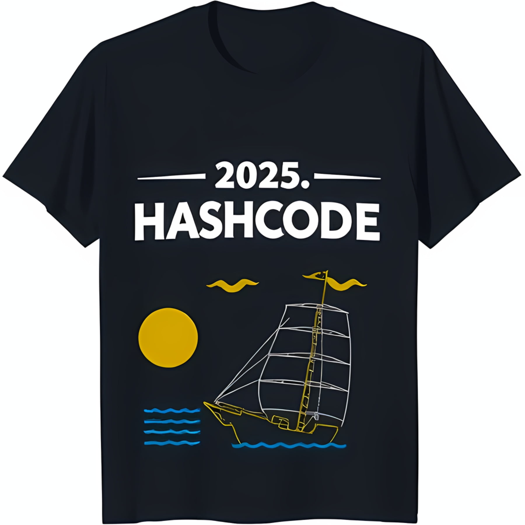Dark Blue T-Shirt with Bold '2025 HASHCODE' Text & Sailboat Design Yellow Sail & Sunset ...