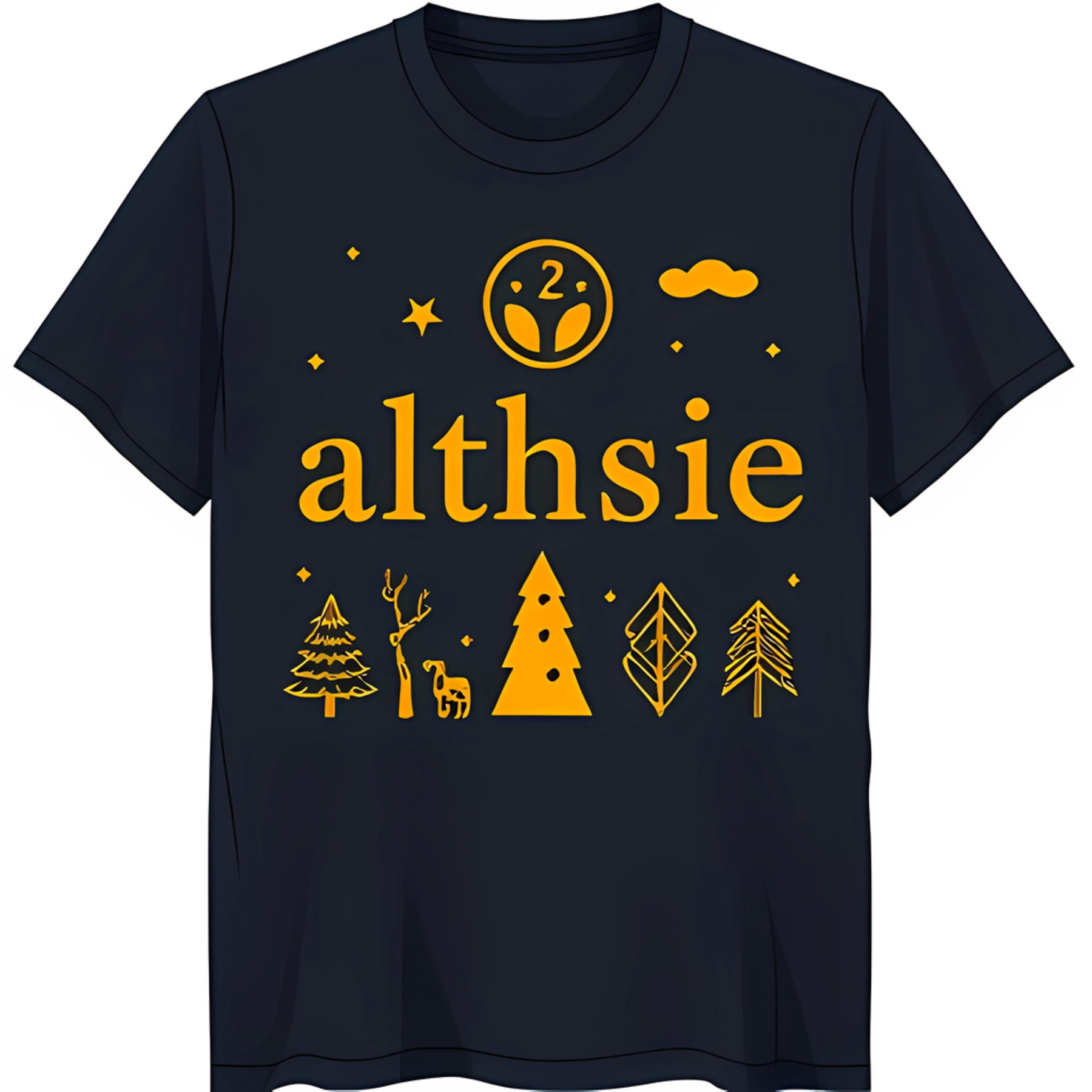 Dark Blue T-Shirt with Bold 'Althsie' Graphic Trees Deer and Cloud ...