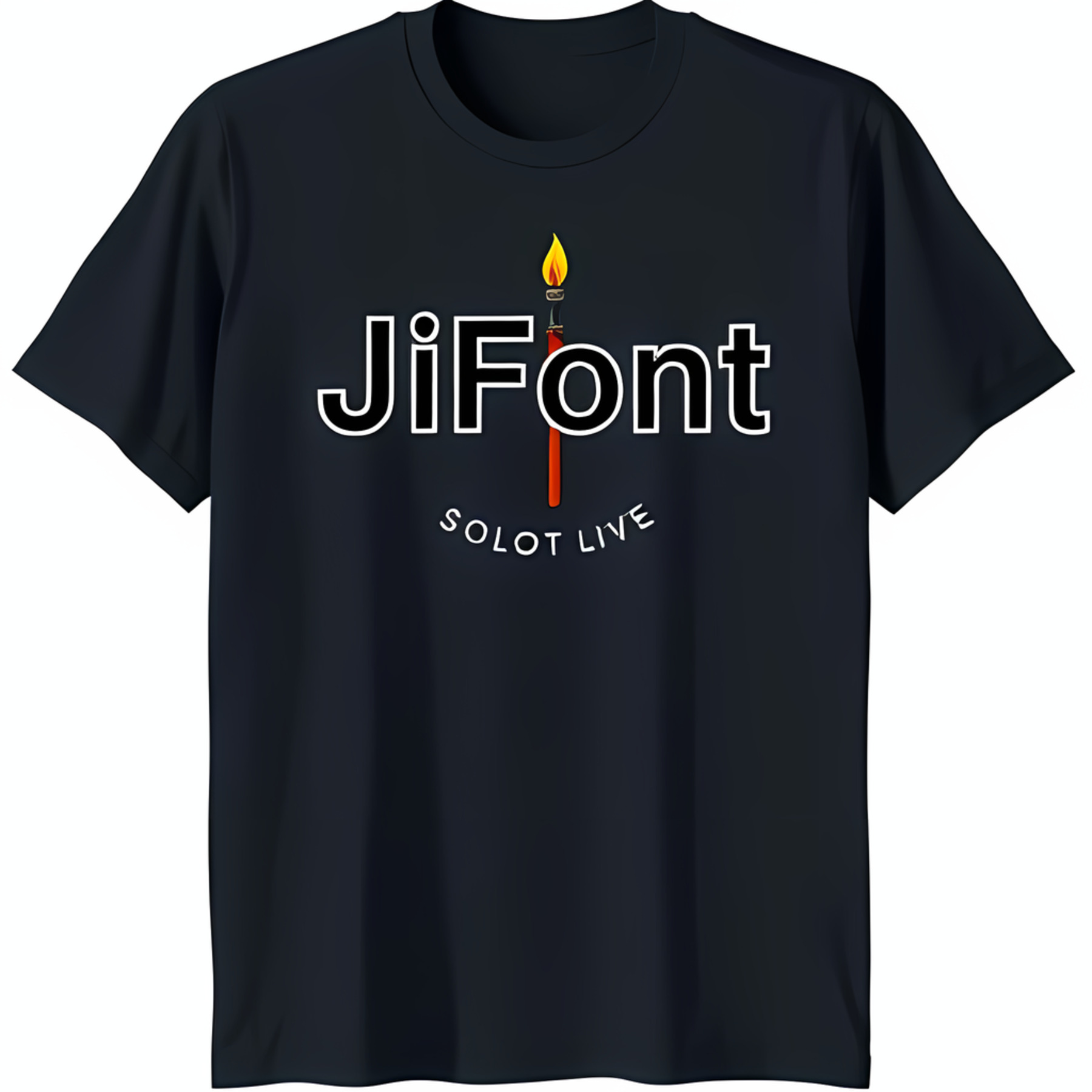 Dark Blue T-Shirt with Bold White 'JiFont' Graphic & Red Torch Symbol ...