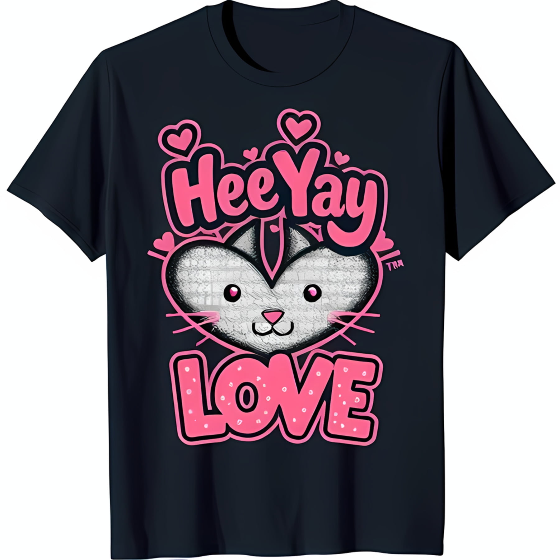 Dark Blue T-Shirt with Cartoon Cat Graphic 'Hee Yay' & 'LOVE' Design Pink Hearts - Walmart.com