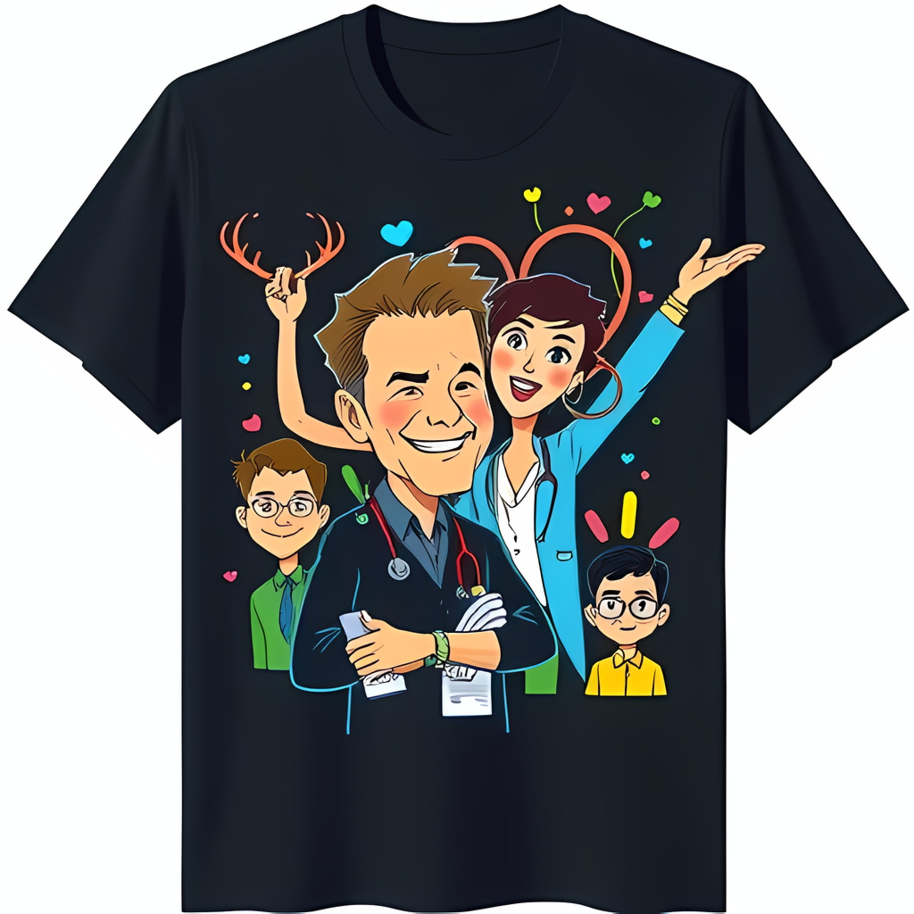 Dark Blue T-Shirt with Cartoon Characters: Mischievous Doctor Cheerful ...