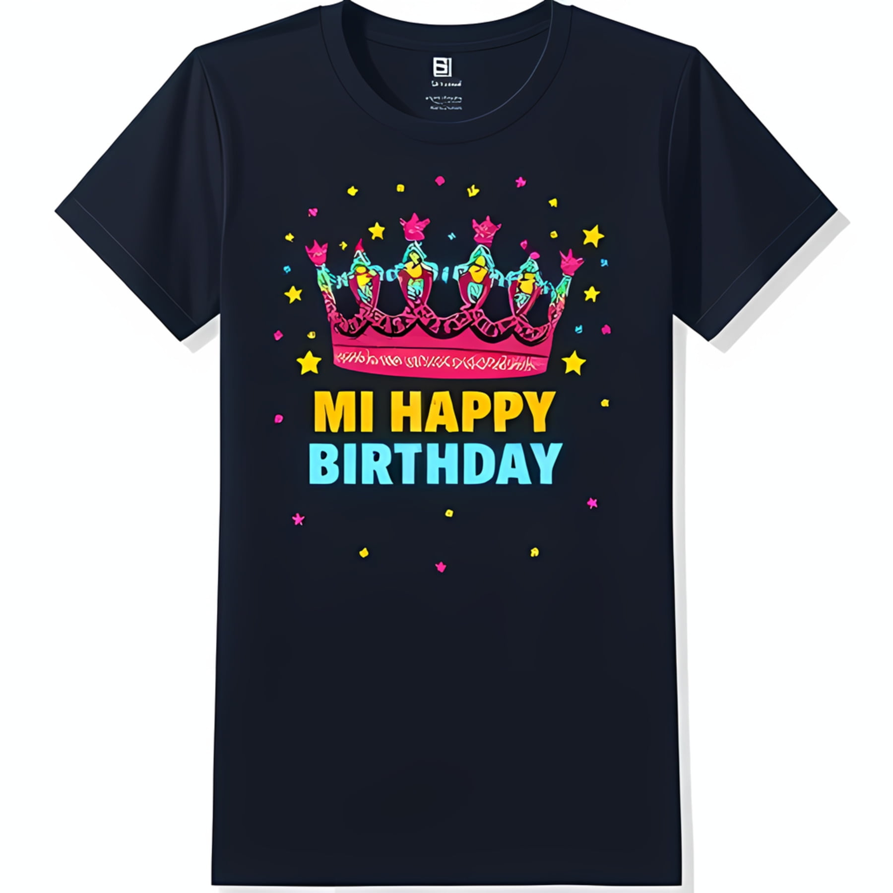 Dark Blue T-Shirt with Colorful 'MI HAPPY BIRTHDAY' Text & Crown Design ...