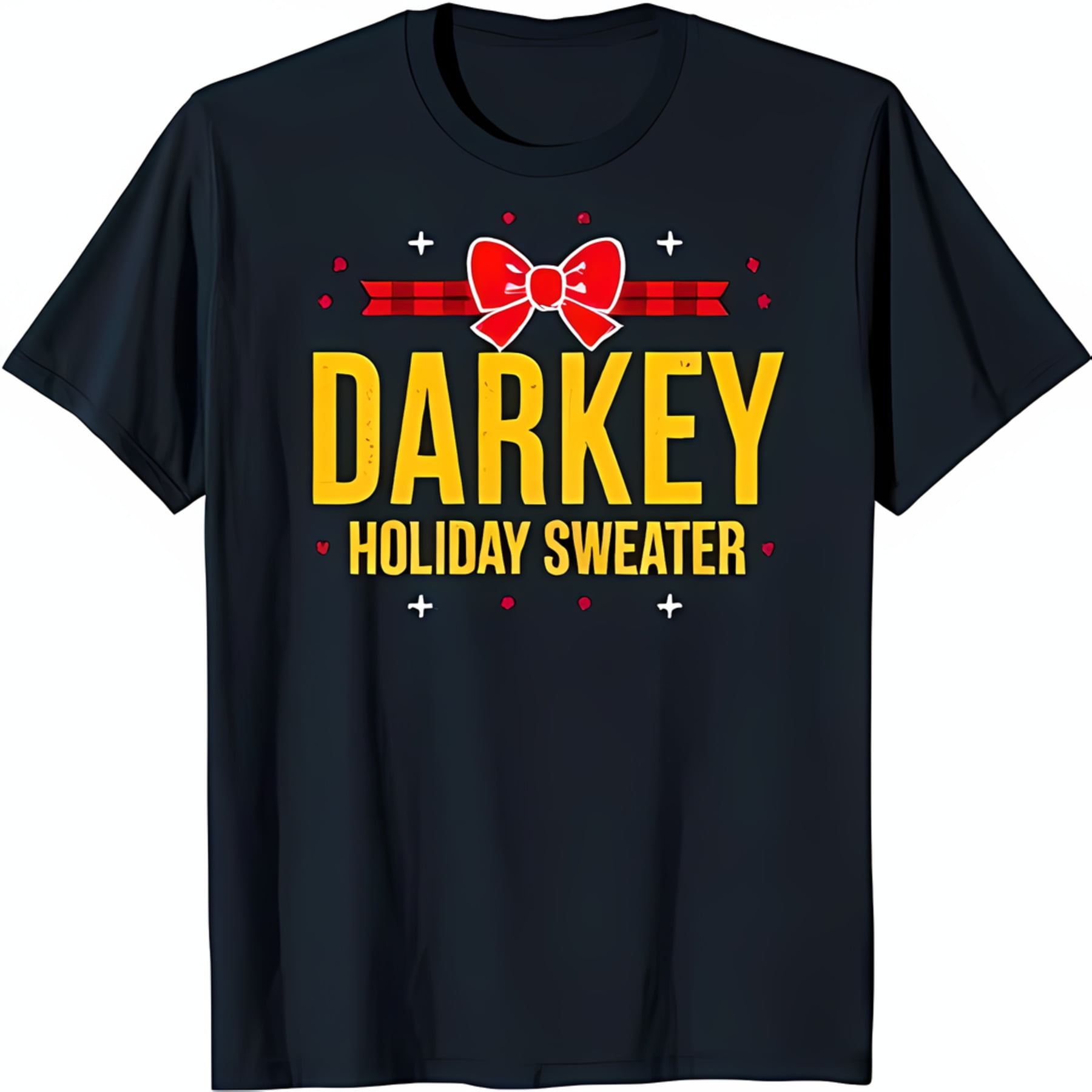 Dark Blue T-Shirt with Festive Yellow Bow & Red Stripes 'DARKEY HOLIDAY SWEATER' Design ...