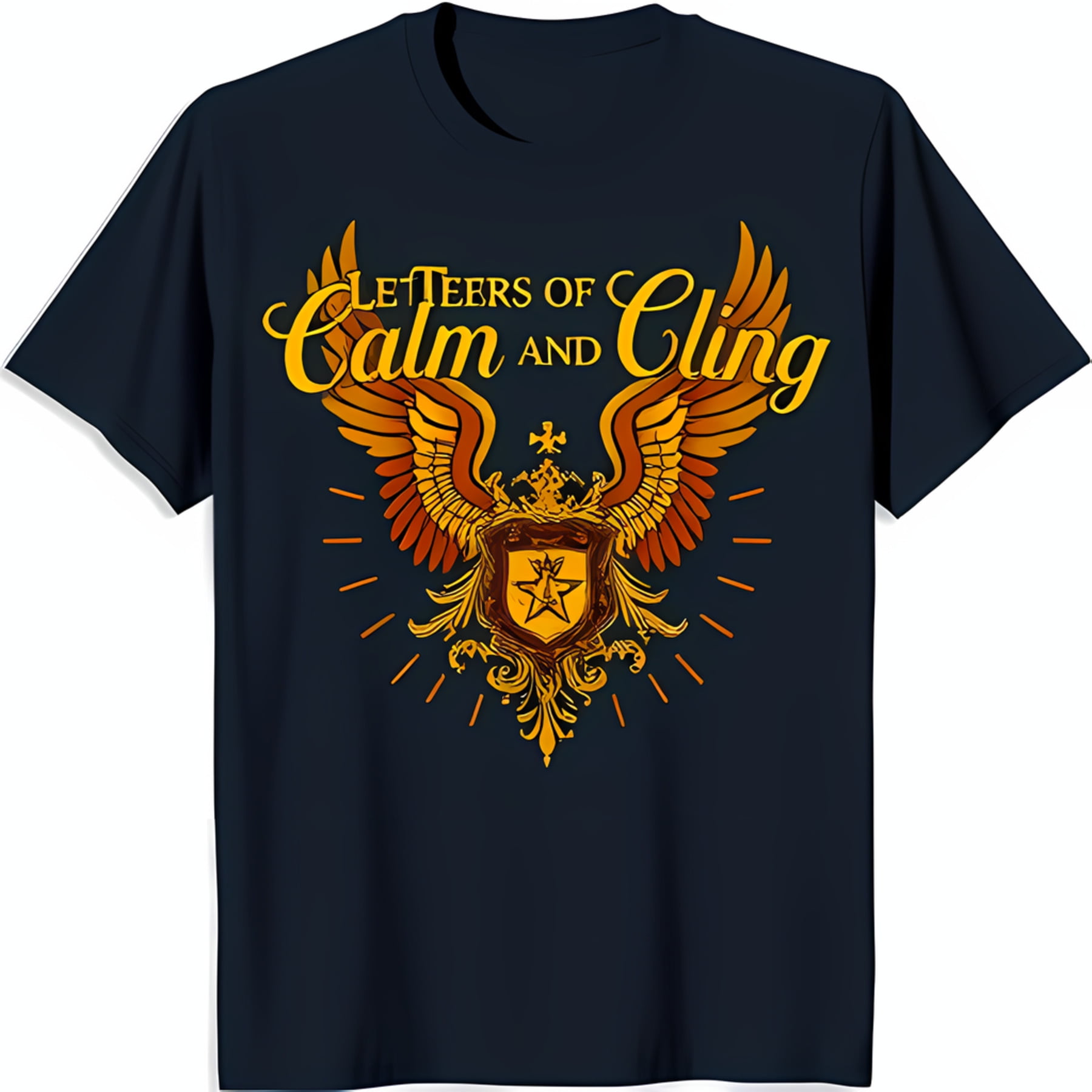 Dark Blue T-Shirt with Gold and Wings 'Letters of Calm and Cling ...