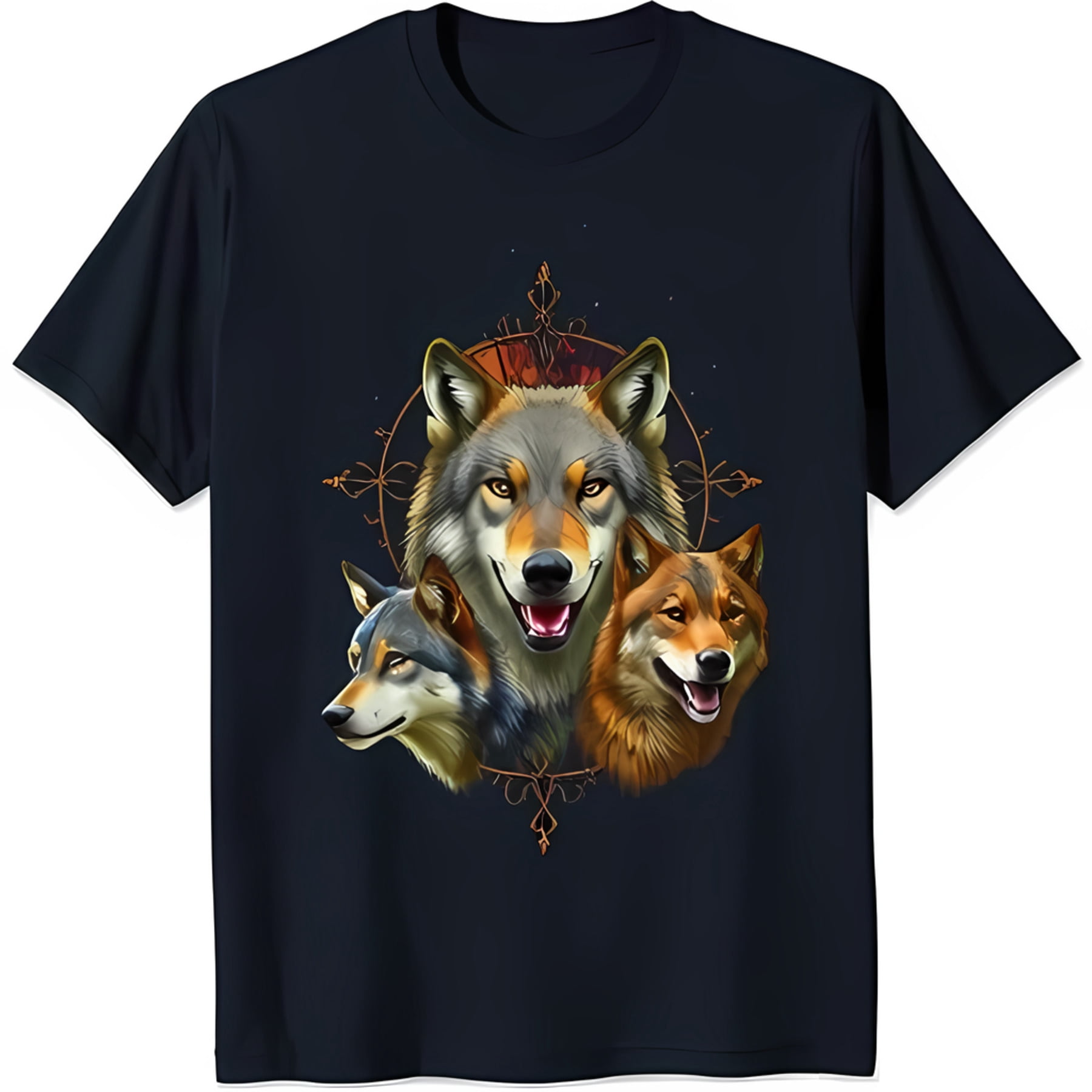 Dark Blue T-Shirt with Graphic of Three Wolves in Circular Design Bold ...