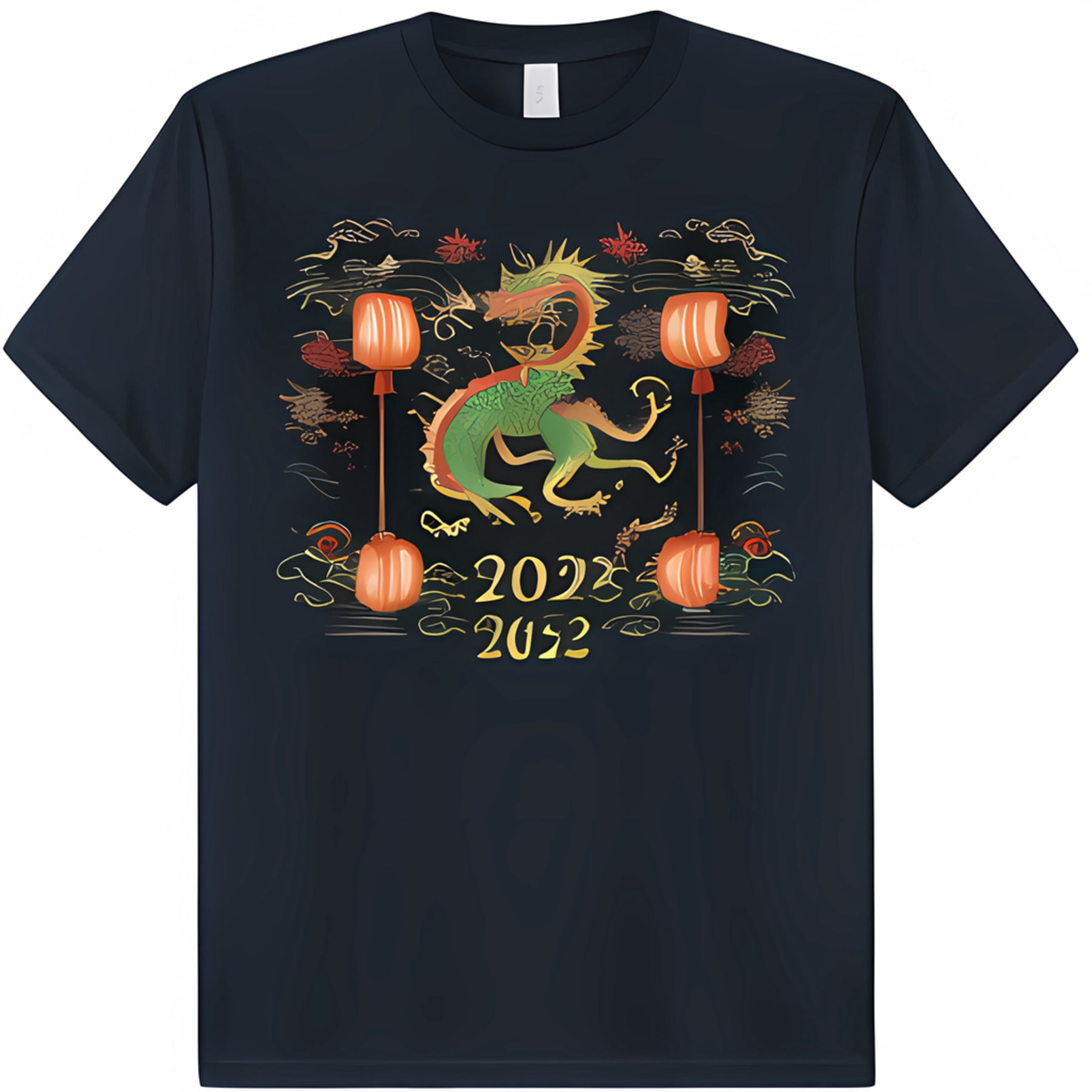 Dark Blue T-Shirt with Green Design Golden Accents & Lanterns Unique ...
