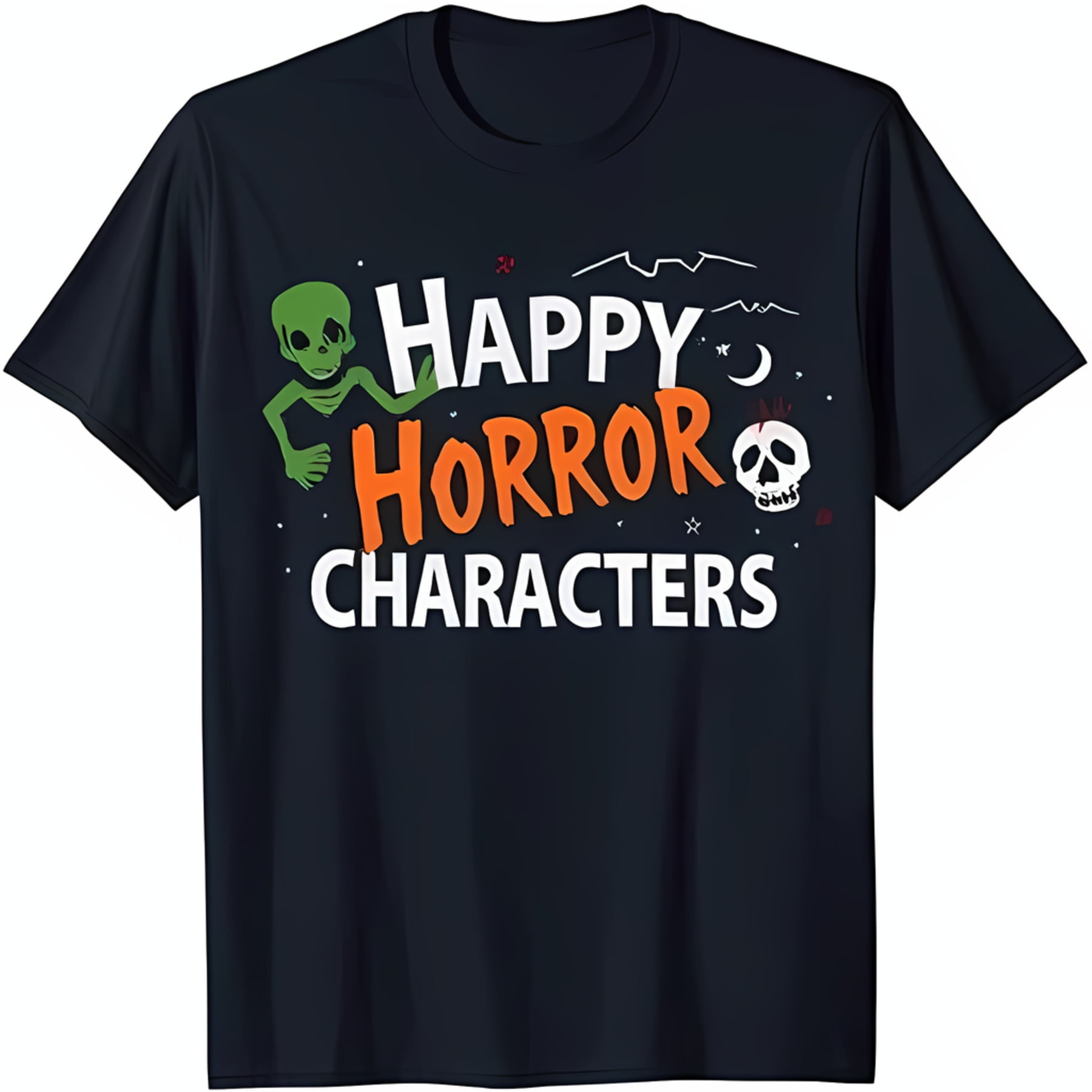 Dark Blue T-Shirt with Green Skeleton & White 'Happy Horror Characters ...