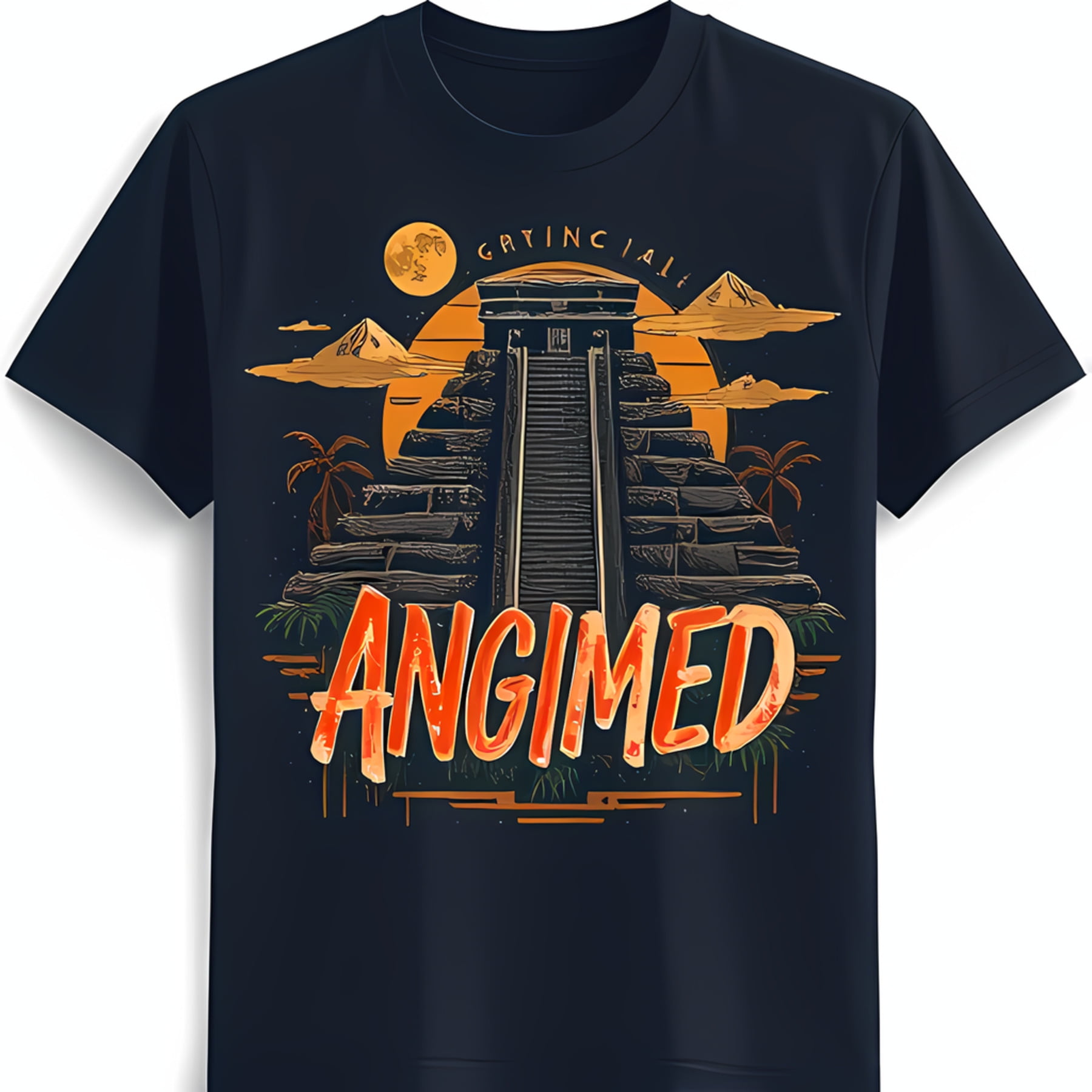Dark Blue T-Shirt with Mayan Temple Graphic Setting Sun & Trees ...