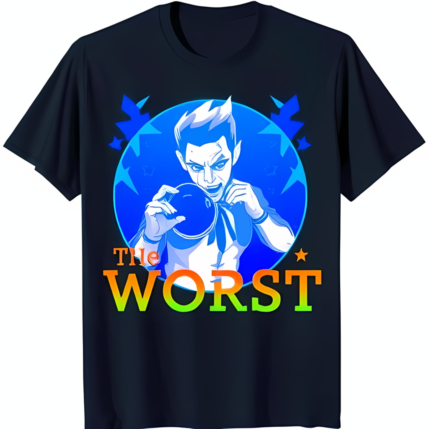 Dark Blue T-Shirt with Mischievous Man Holding & Stars Design 'The ...