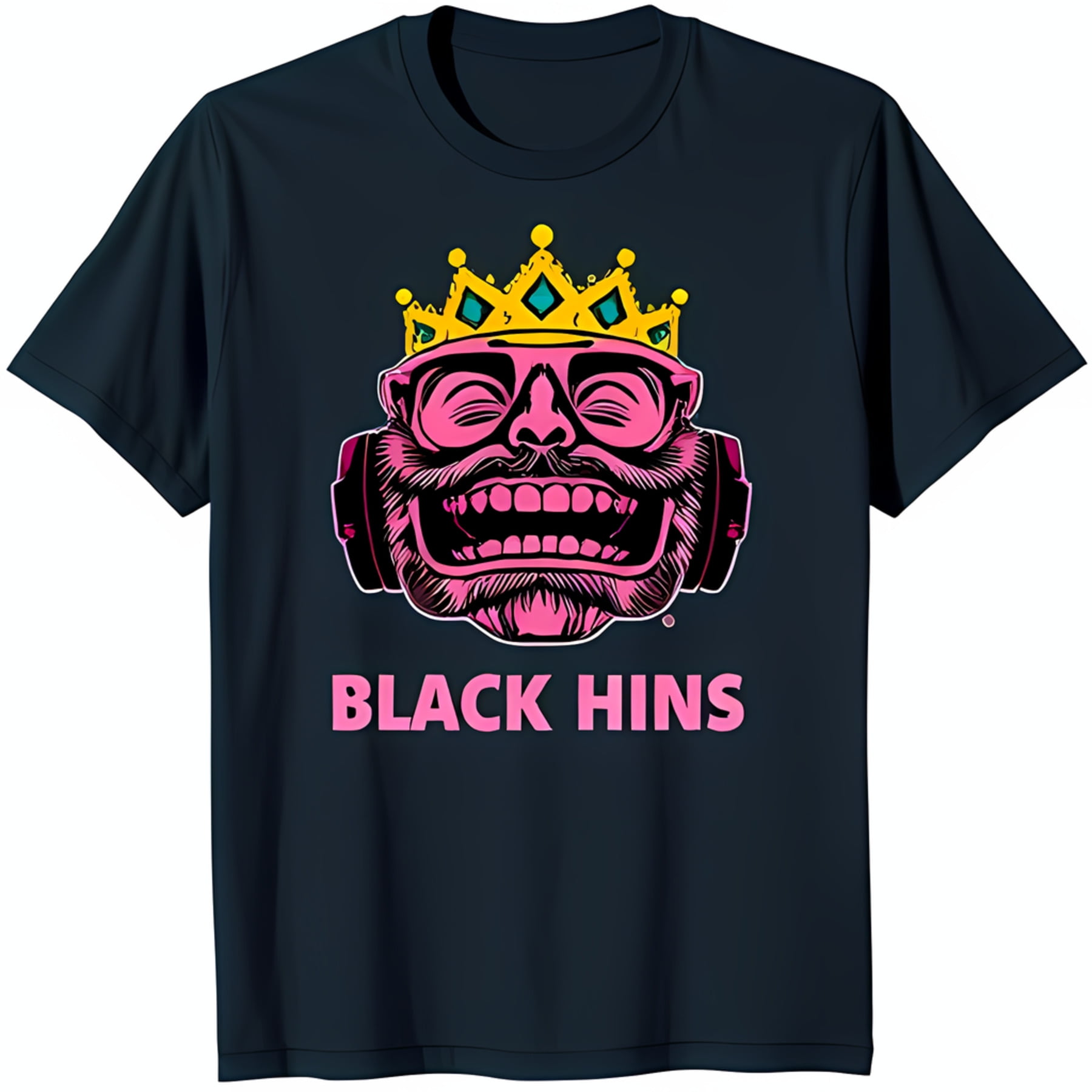 Dark Blue T-Shirt with Pink Cartoon Head Headphones Gold Crown & 'BLACK ...