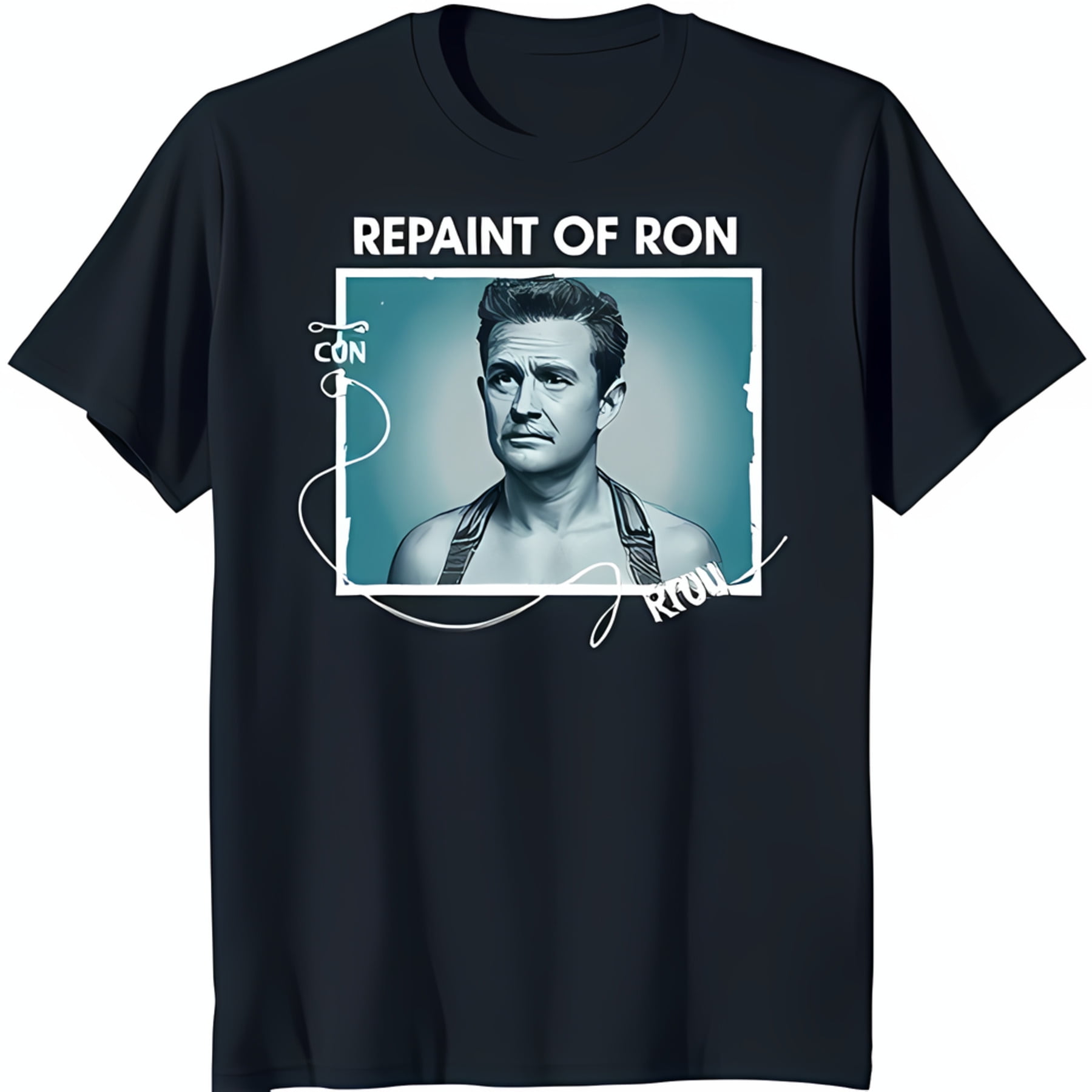 Dark Blue T-Shirt with 'Repaint Of Ron' Graphic and Mustached Man ...