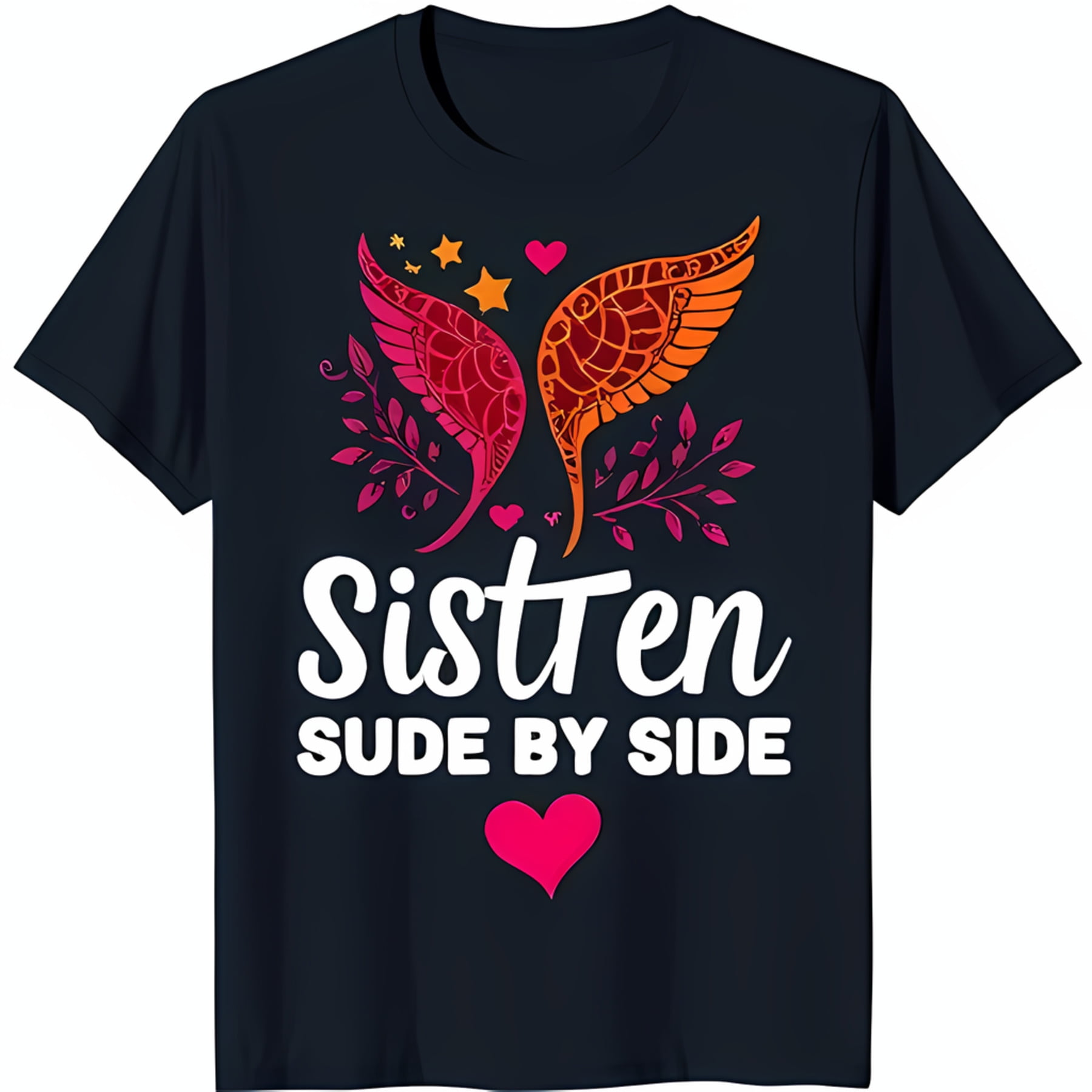 Dark Blue T-Shirt with 'SISTen SIDE BY SIDE' Graphic Wings & Floral ...