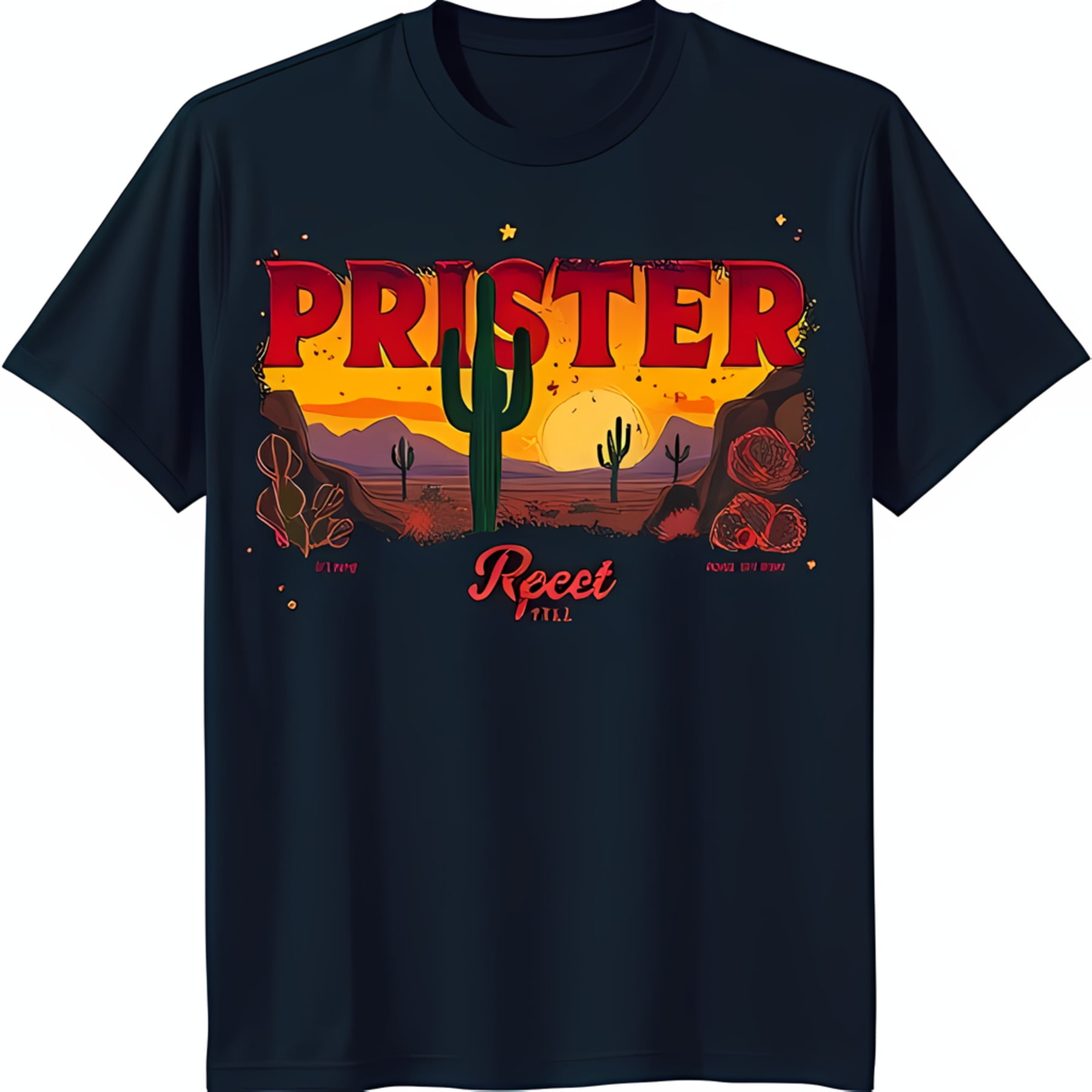 Dark Blue T-Shirt with Sunset Desert Scene Cacti & 'PRISTER' Graphic - Walmart.com