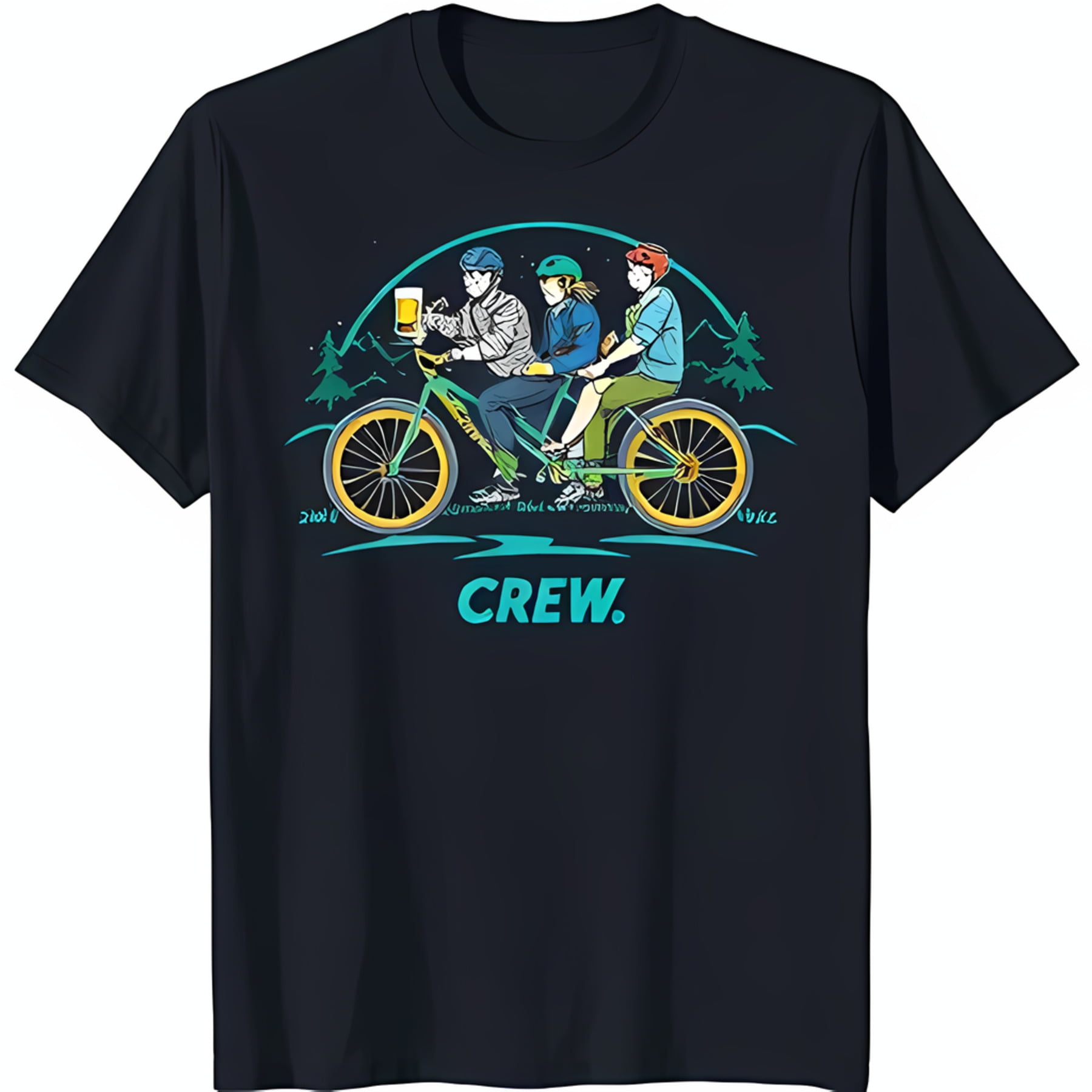 Dark Blue T-Shirt with Tandem Bike Graphic Fun Design of 3 Riders ...