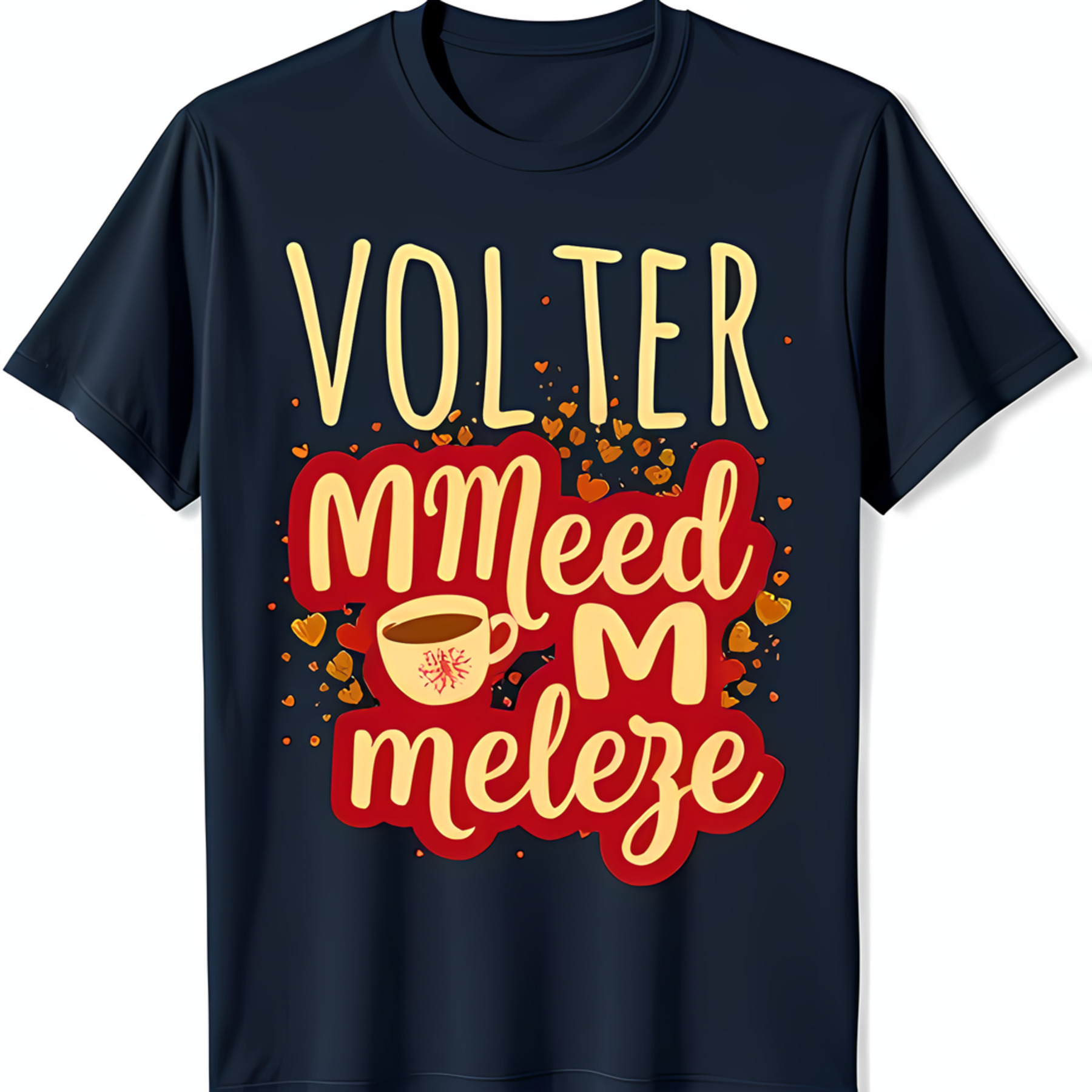 Dark Blue T-Shirt with 'VOLTER MMeed M meleze' Red Text & Coffee Cup ...