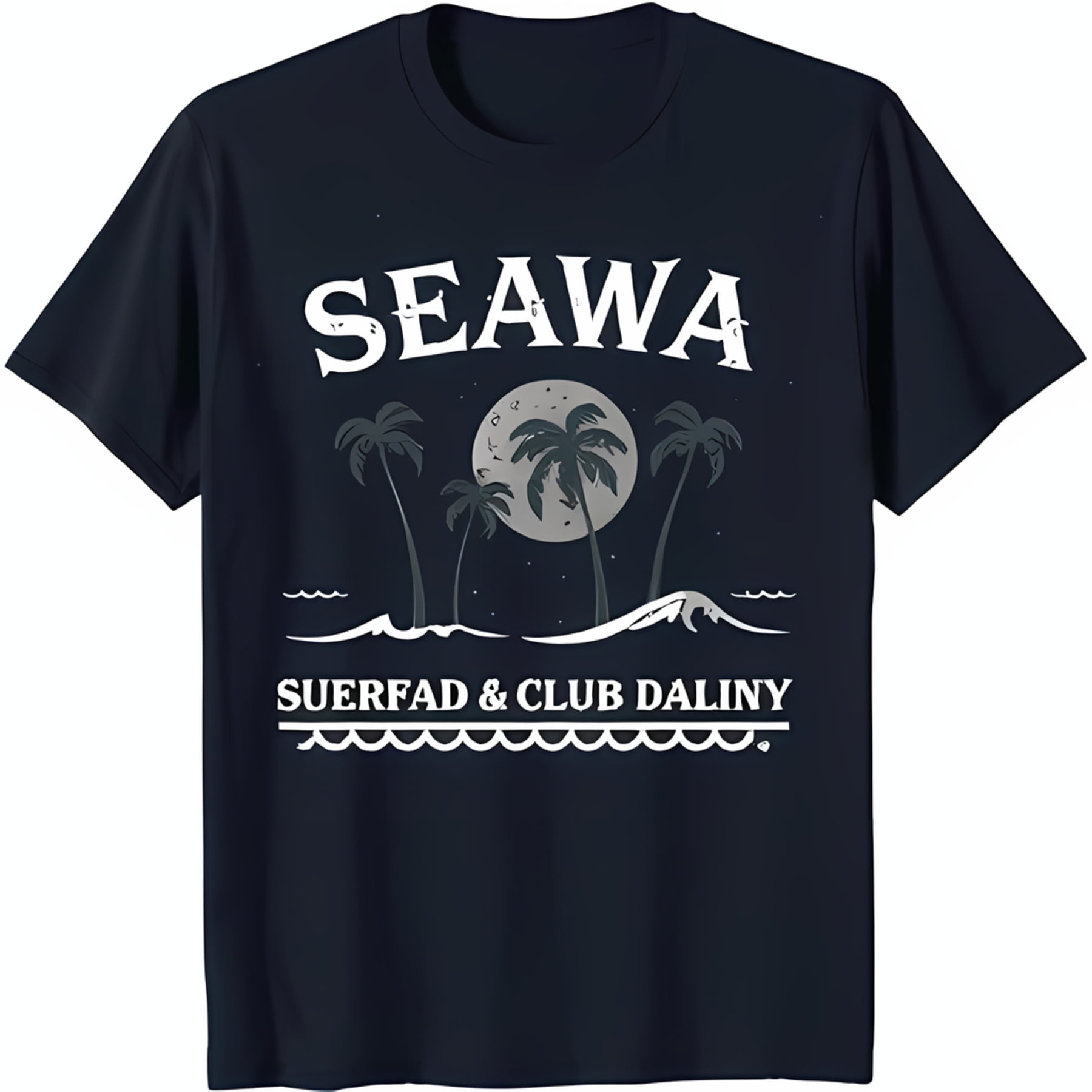 Dark Blue T-Shirt with White Beach Scene Graphic Trees & Full Moon ...