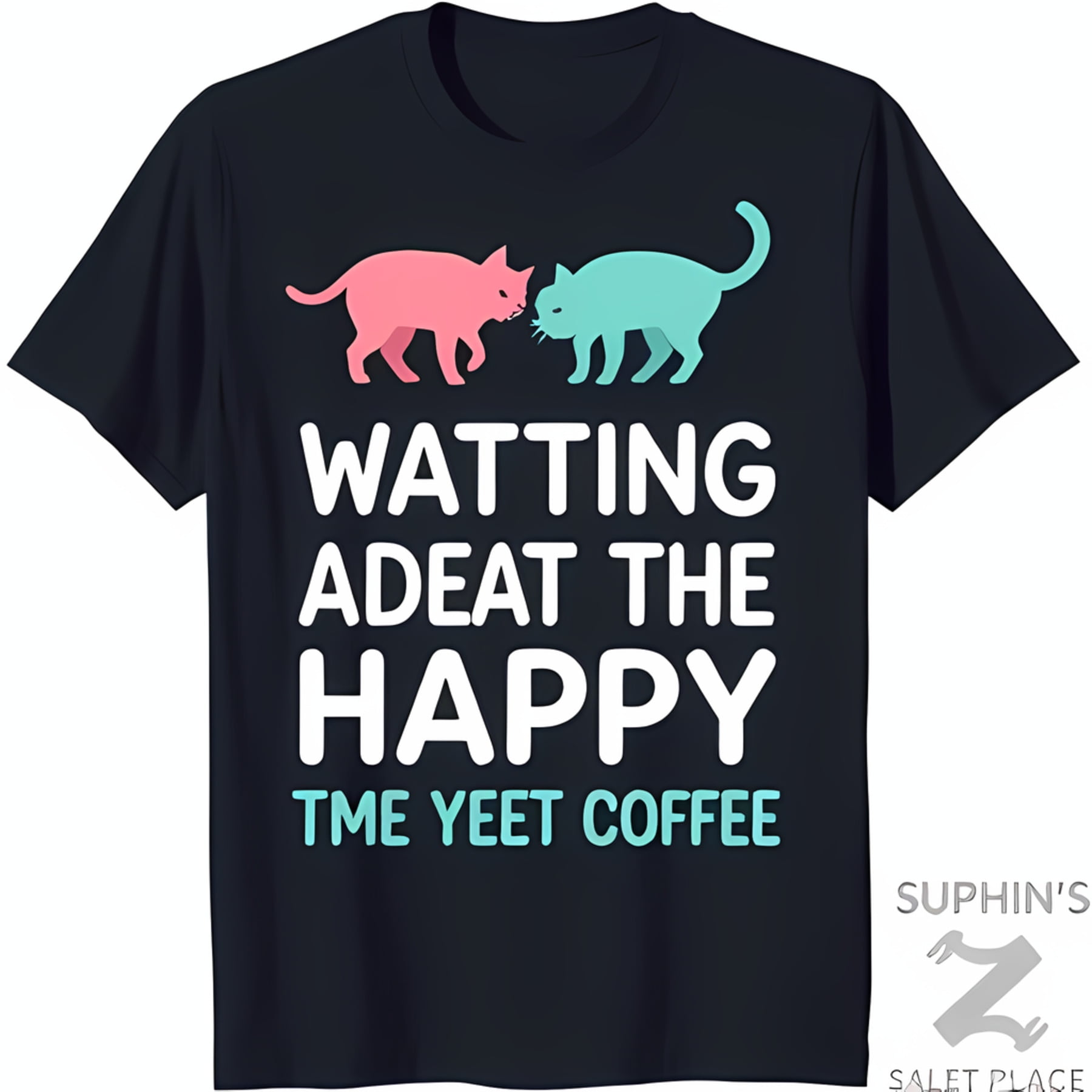 Dark Blue T-Shirt with White Cat Graphic Pink & Blue Cats Design ...