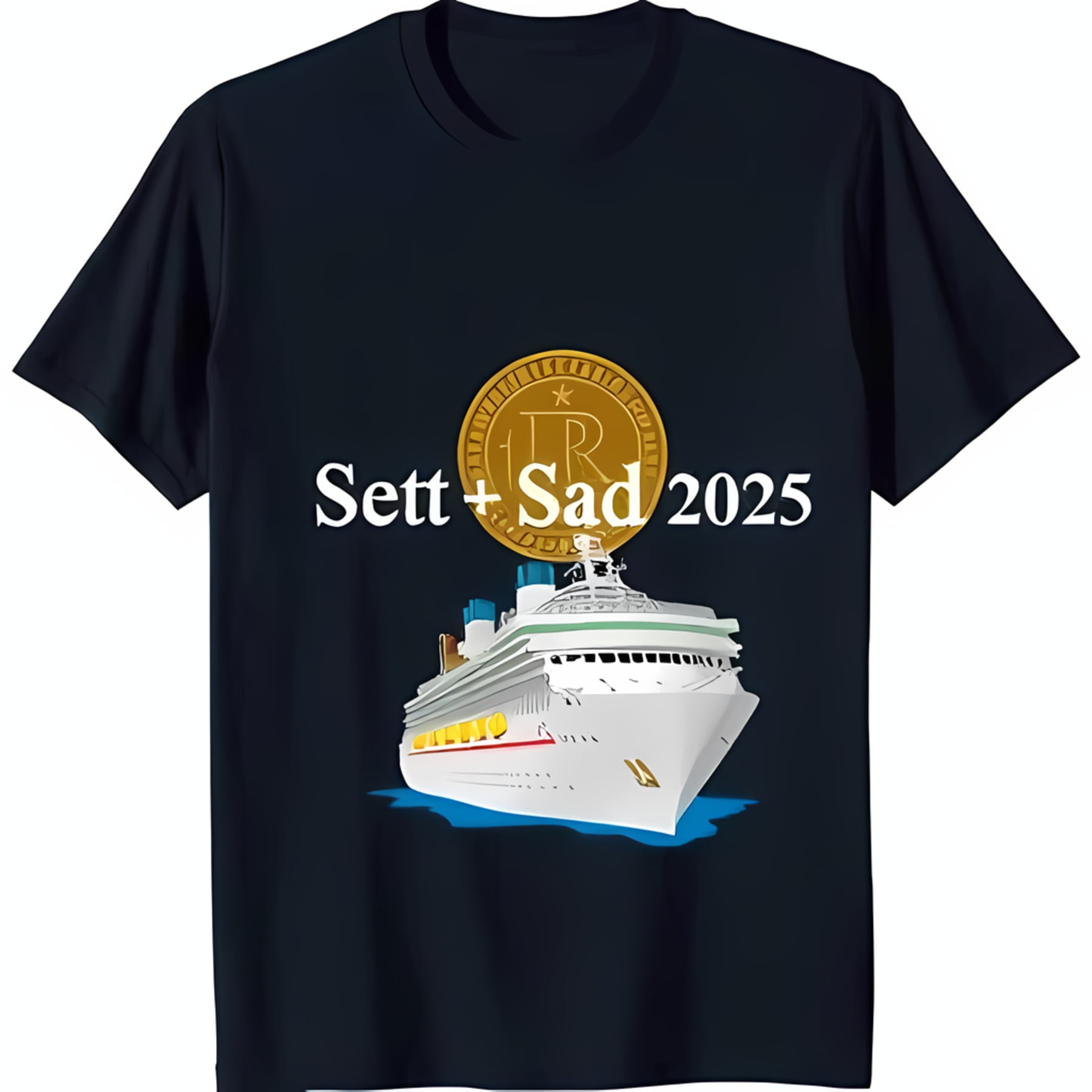 Dark Blue T-Shirt with White Cruise Ship & Gold Coin 'Sett 2025' Design ...