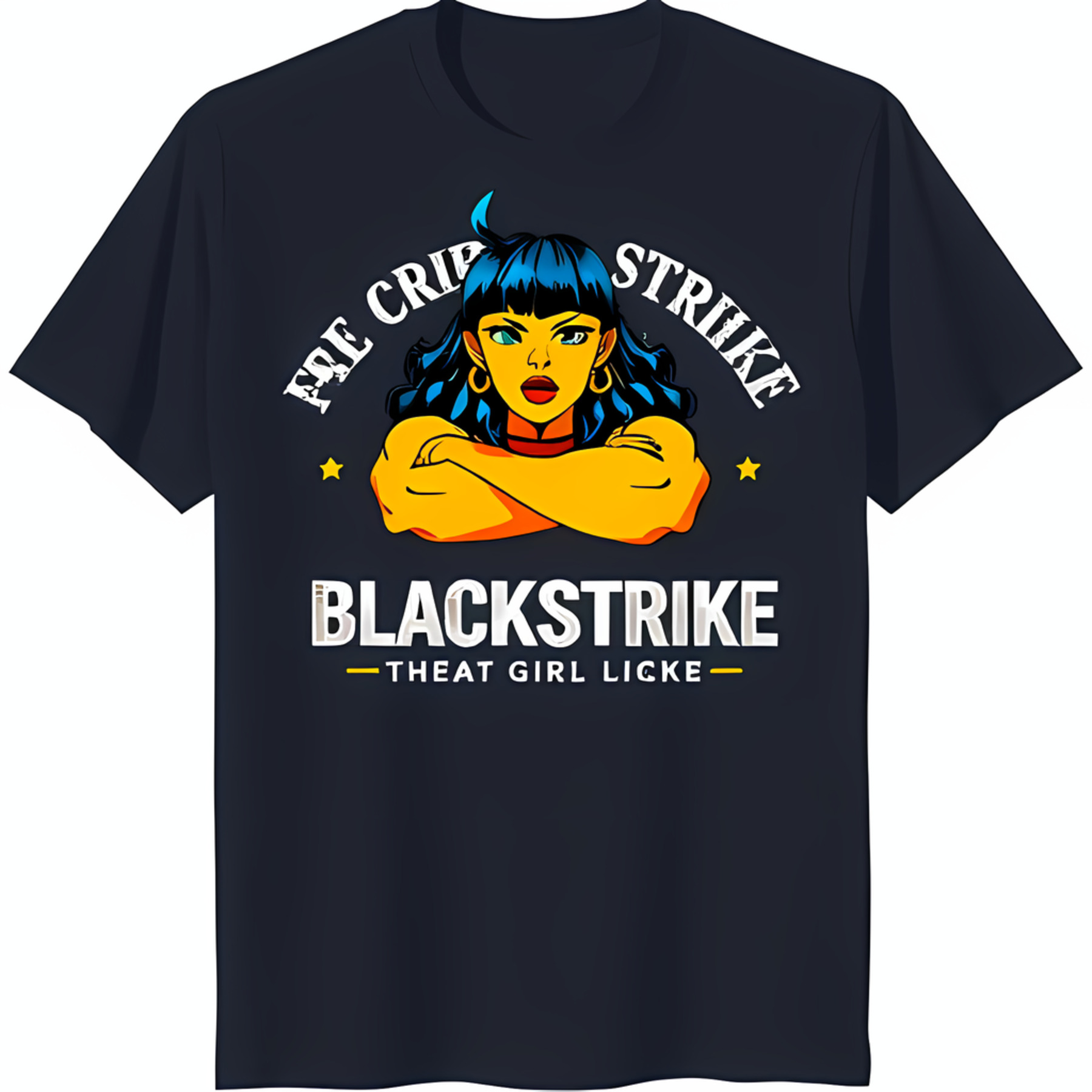 Dark Blue T-Shirt with White Graphic: Woman in Red Top & Gold ' Crip ...