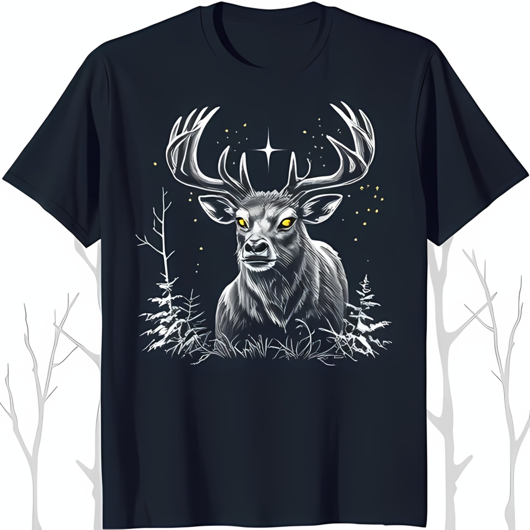 Dark Blue T-Shirt with White Outline Stag Design and Glowing Yellow ...