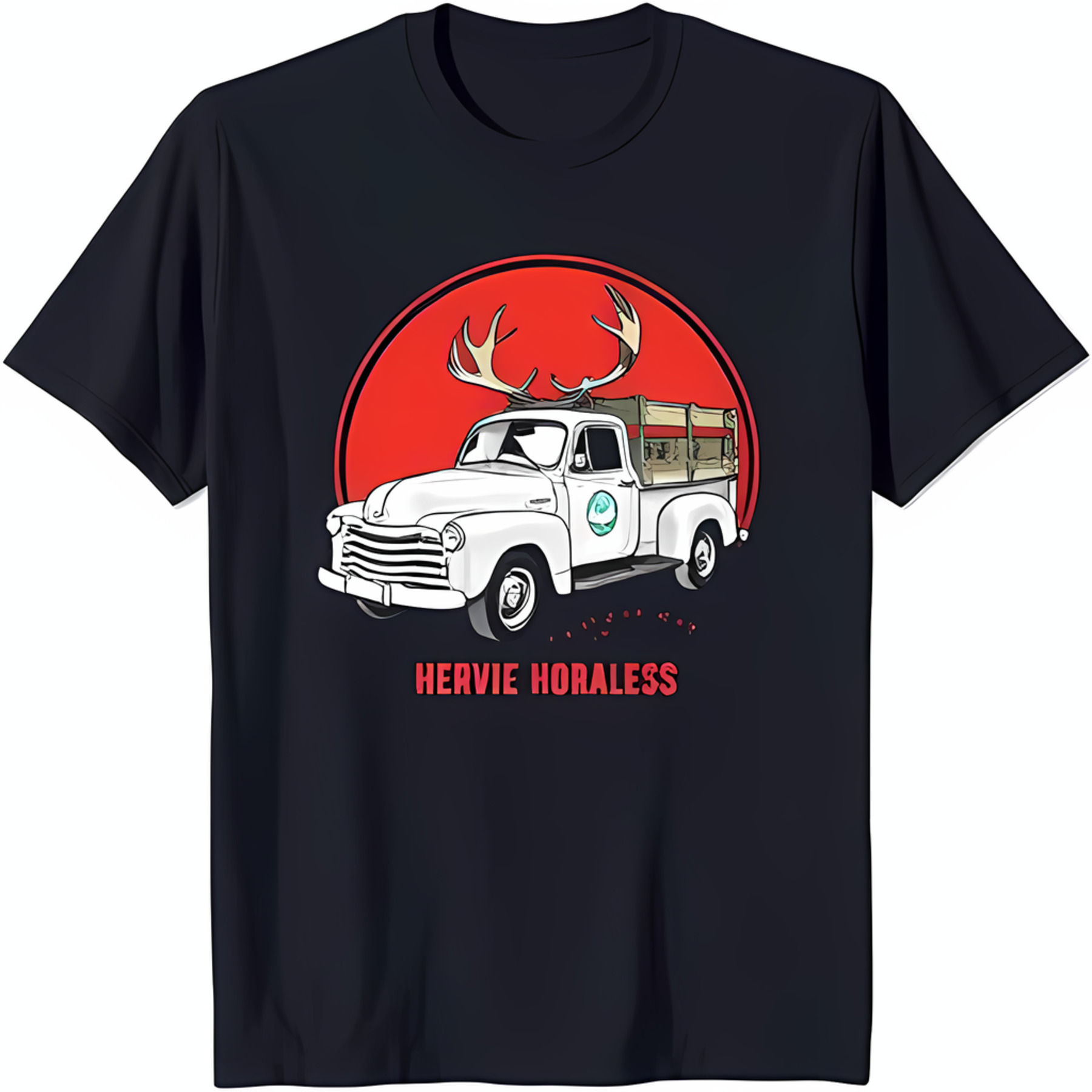 Dark Blue T-Shirt with White Pickup Truck Antlers & Red Circle 'Hervie ...
