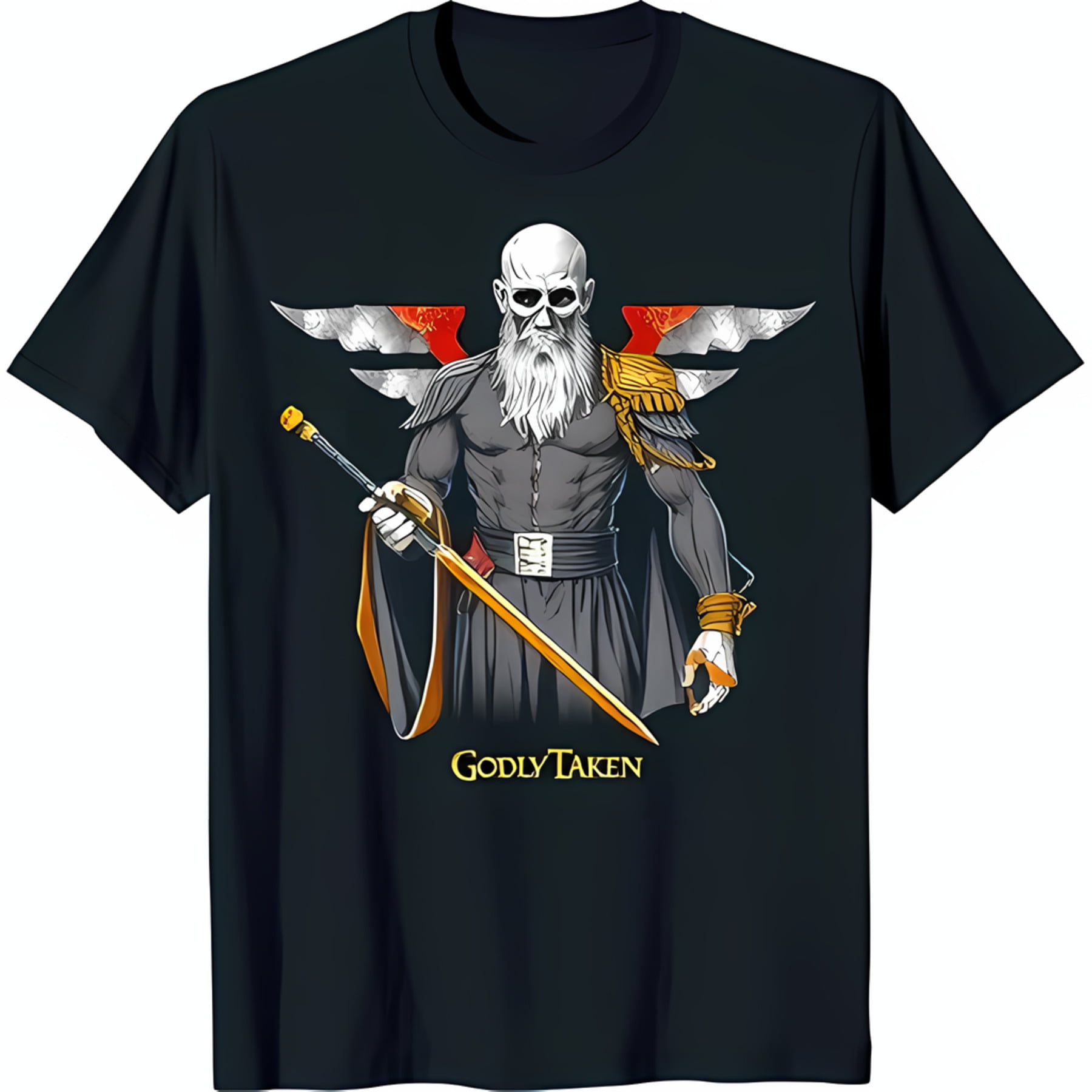 Dark Blue T-Shirt with Winged Skeletal Figure & 'Godly Taken' Design ...