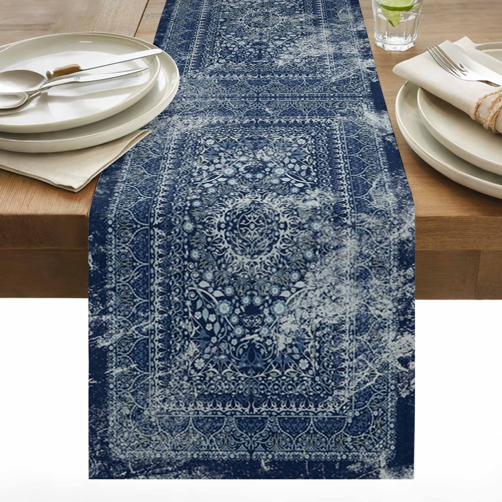 Dark Blue Table Runner 13x120 inch Medieval Ethnic Cotton Linen Dining ...