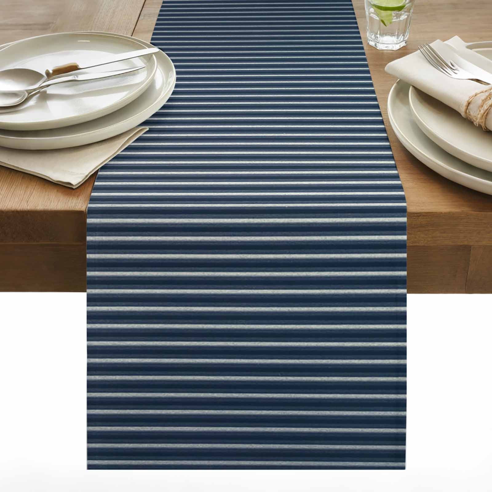 Dark Blue Table Runner 13x90 inch Stripes Texture Cotton Linen Dining ...