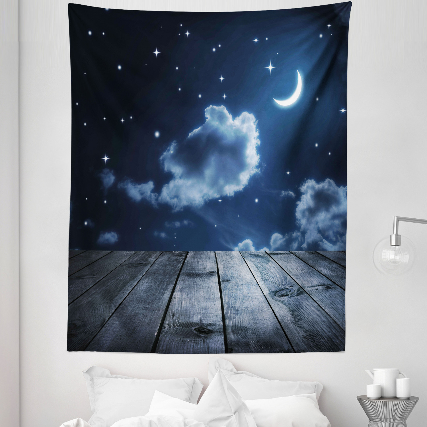 Dark Blue Tapestry, Vivid Night Sky with Stars Clouds and Crescent Moon ...