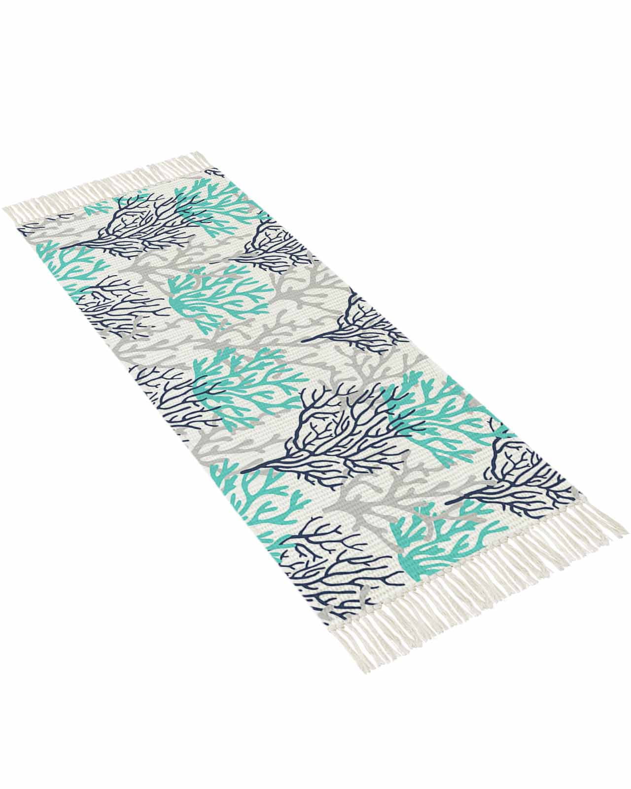 Dark Blue Teal Grey Coral Kitchen Runner Rug 2'x4', Washable Woven ...