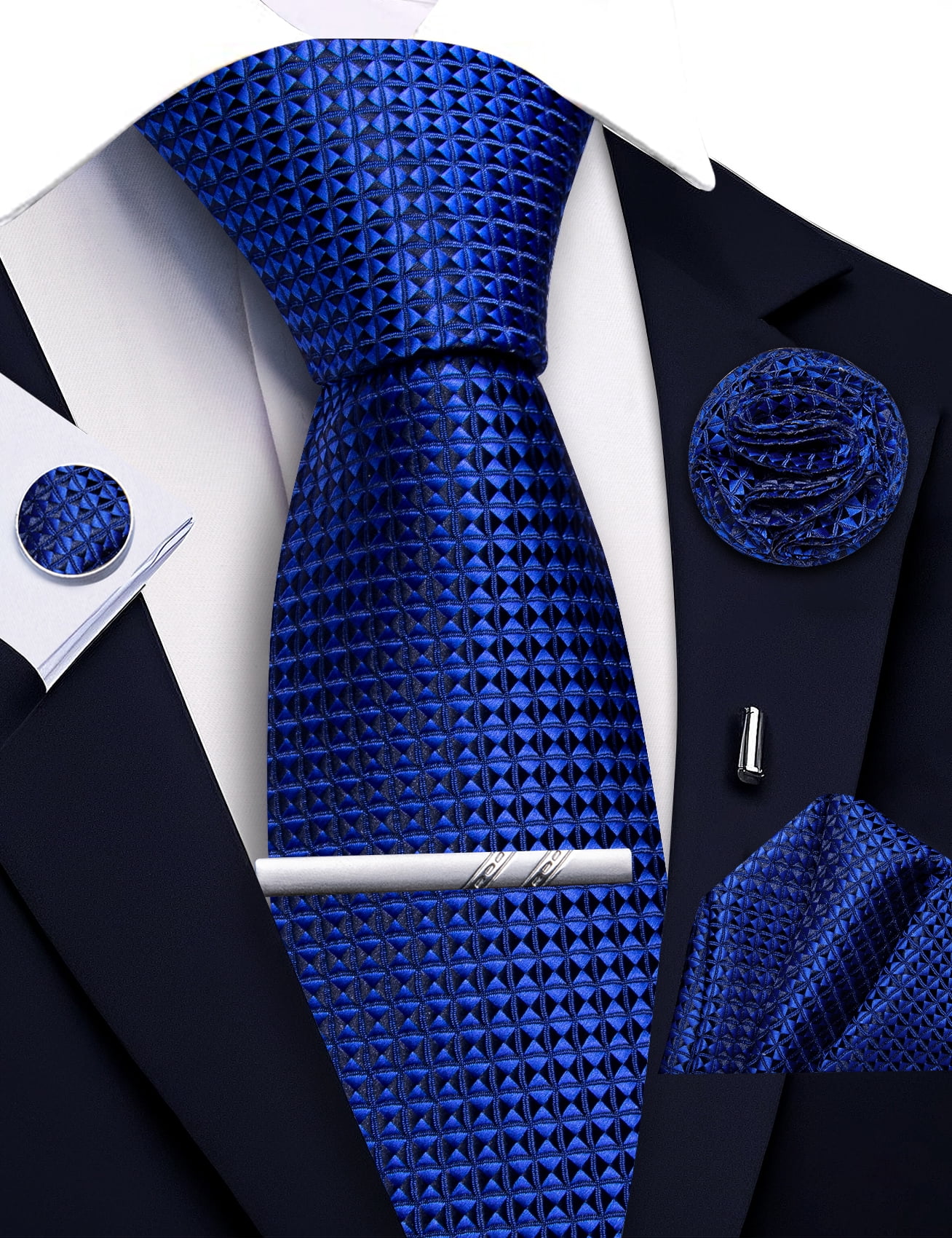 Barry Wang Men's Necktie 5-Piece Set, Dark Blue Plaid Checkered ...