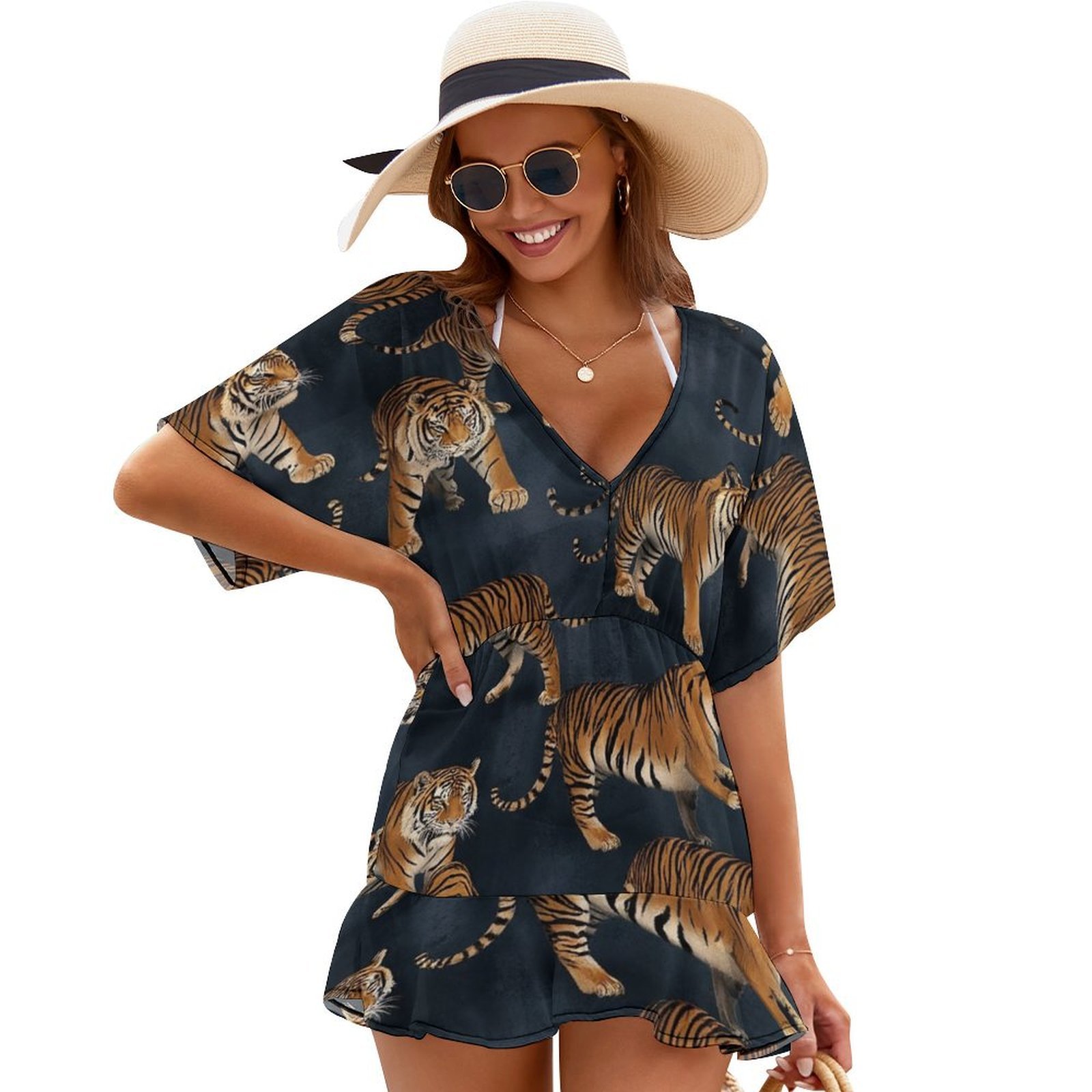 Dark Blue Tiger Fabric Print Cover Ups Dresses Women Summer Dress ...