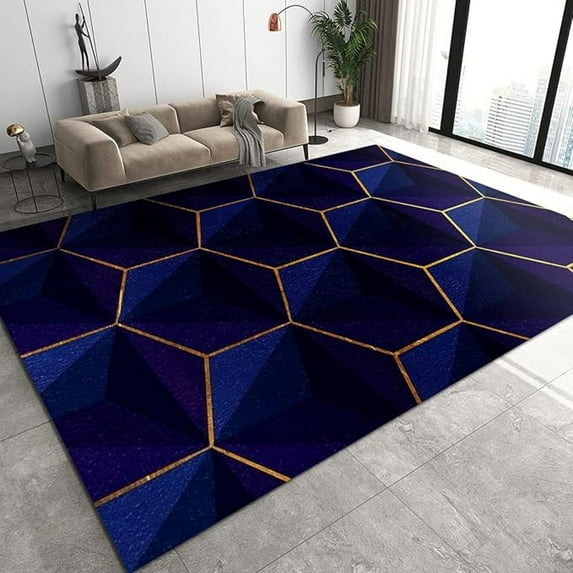 Dark Blue Tile Marble Area Carpet, Golden Hexagonal Geometric Lines ...