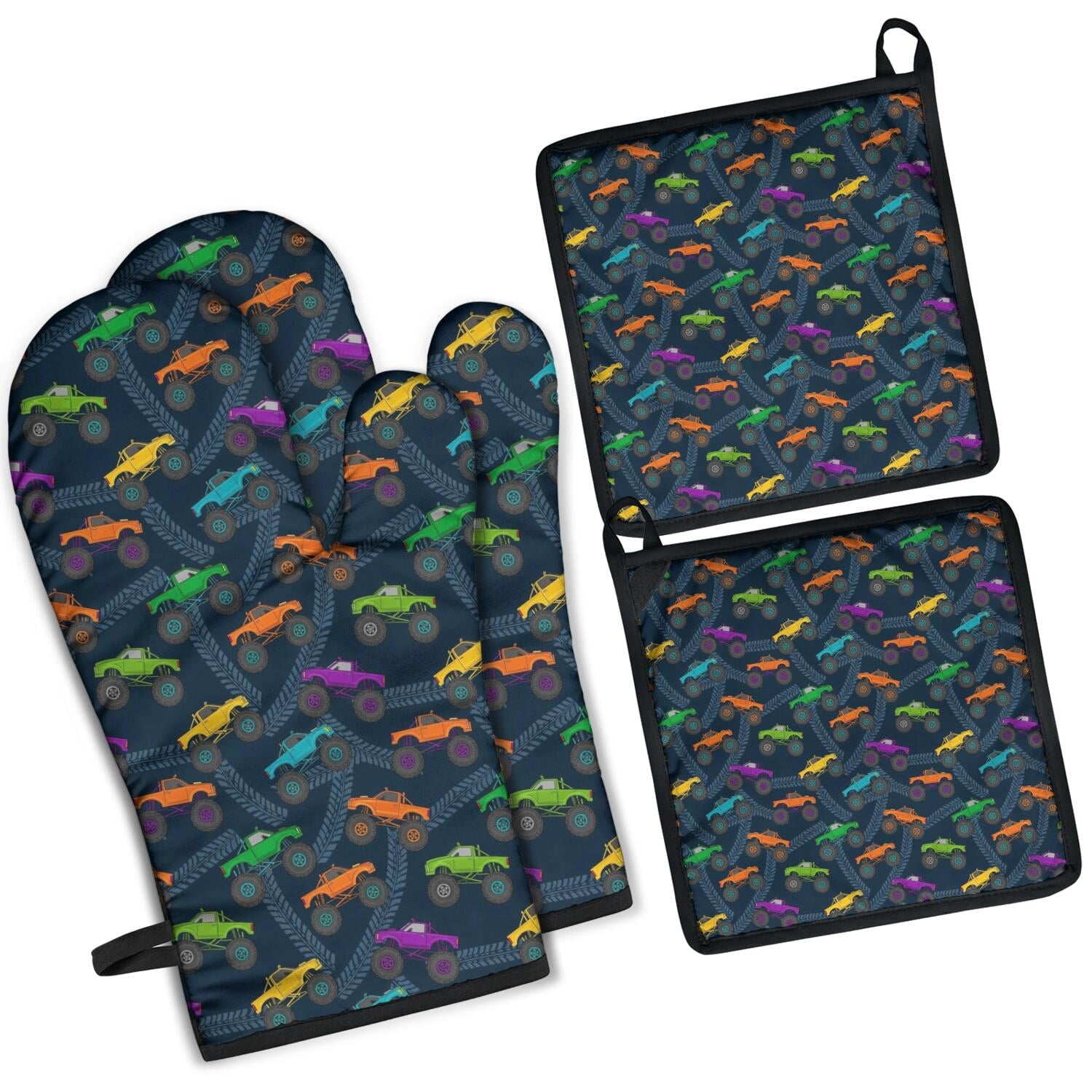 Dark Blue Tire Track Monster Cartoon Trucks Pattern Kitchen Oven Mitt ...