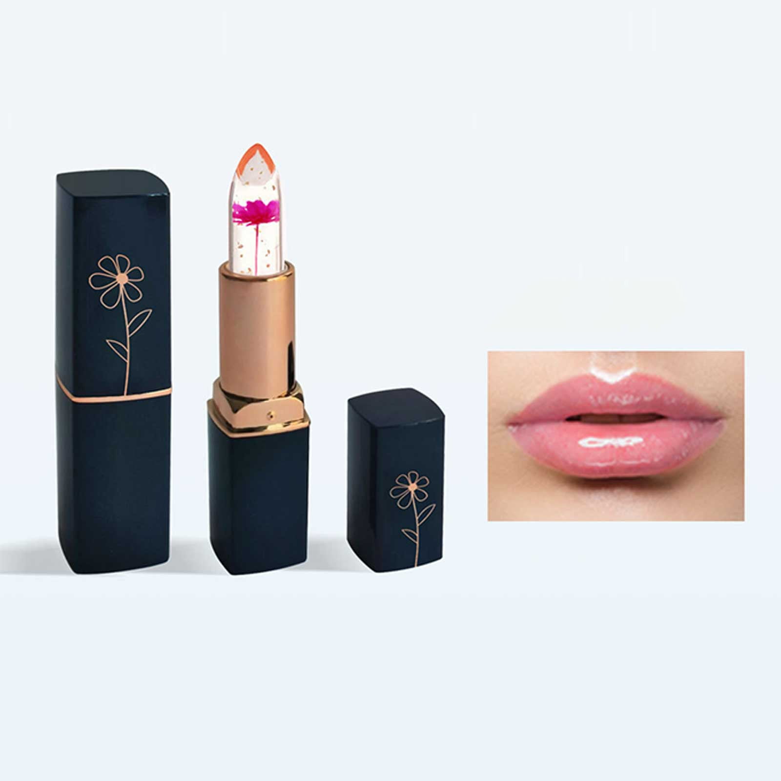 Dark Blue Tube Transparent Dried Flower Lipstick Gold Leaf Jelly Color ...