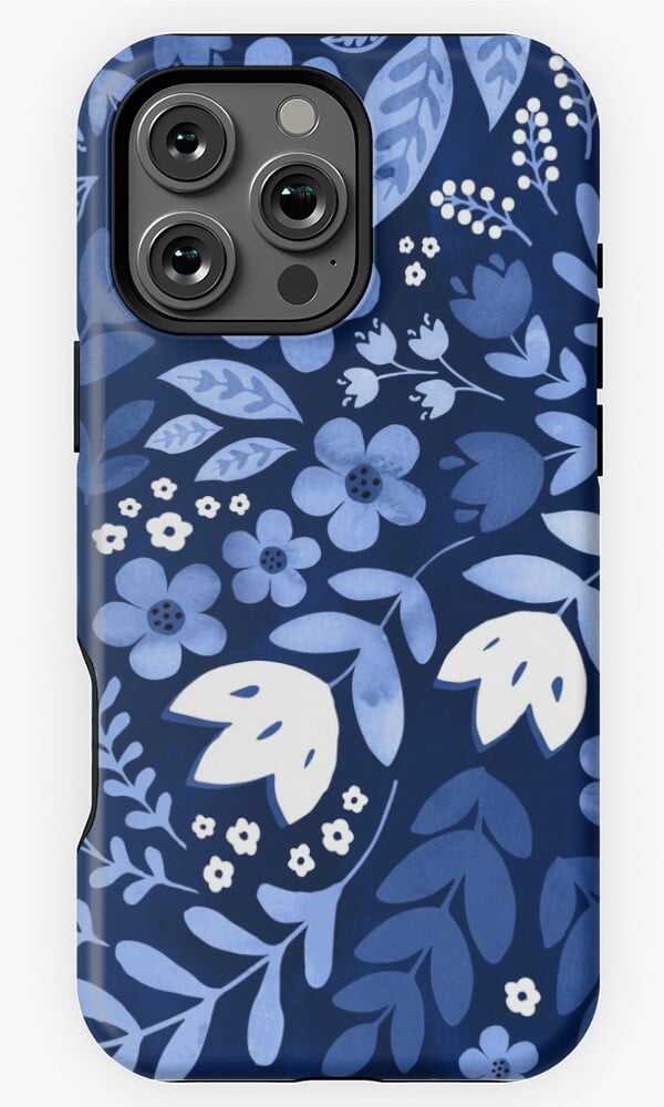 Dark Blue Watercolor Floral Phone Case for iPhone 16 15 14 13 12 11 Pro ...