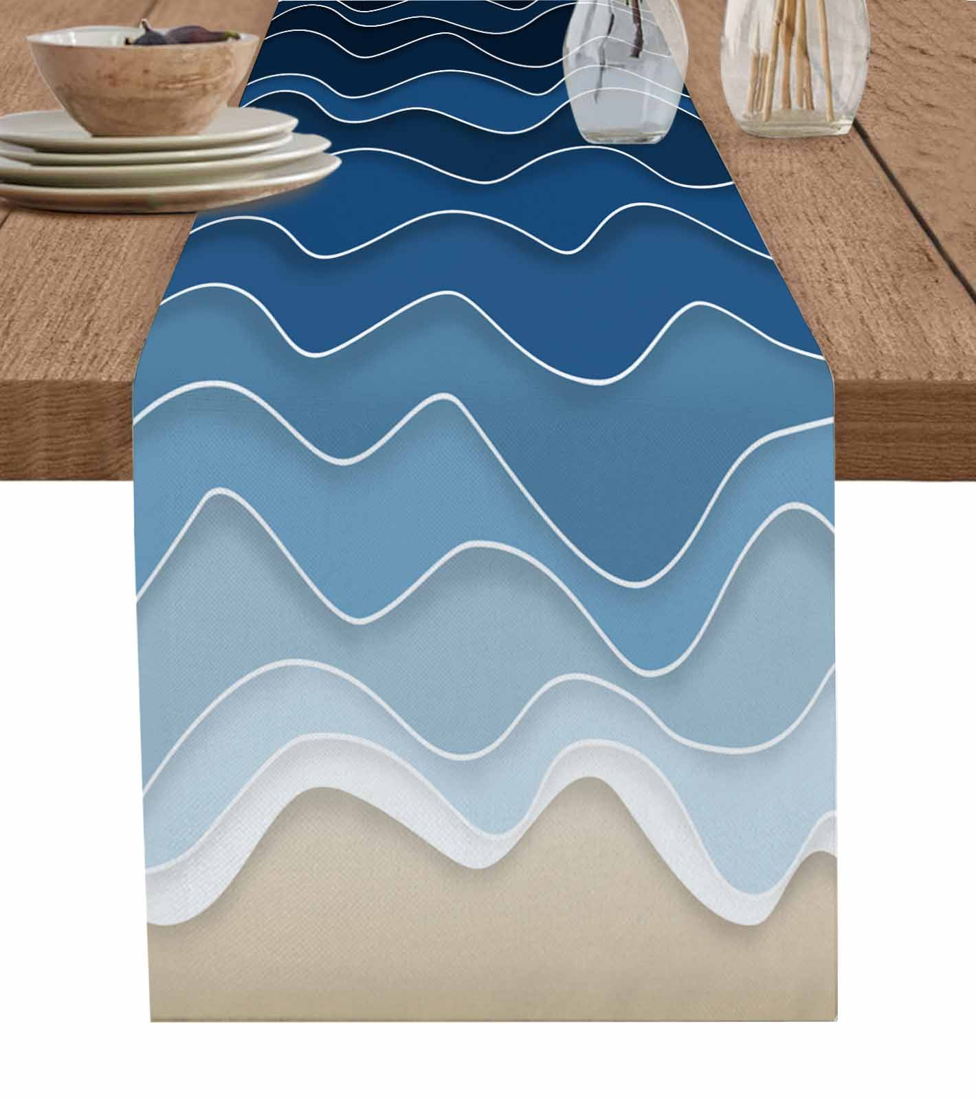 Dark Blue Waves Burlap Cotton Table Runner 13x60 Inches Long, Modern ...